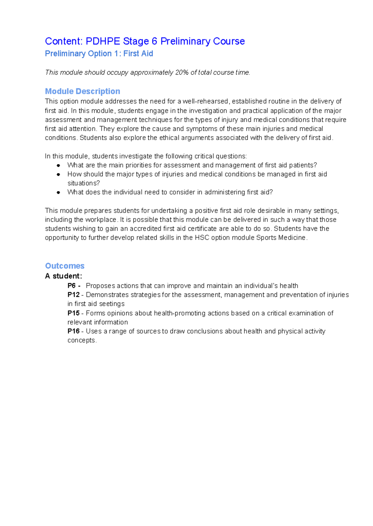 Option 1 - First Aid - Preliminary Exam Notes - Content: PDHPE Stage 6 ...