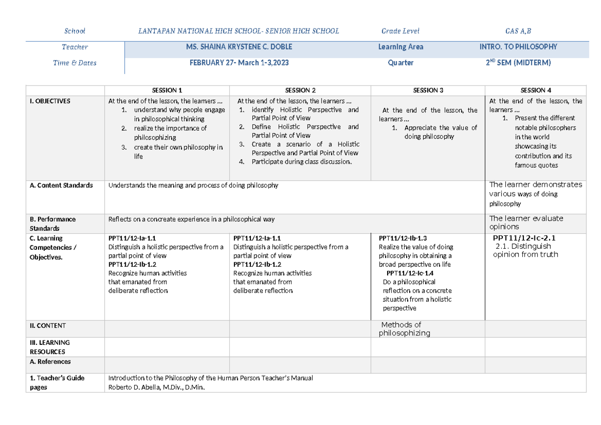 DLL Week3 - Lesson Plan - School LANTAPAN NATIONAL HIGH SCHOOL- SENIOR ...