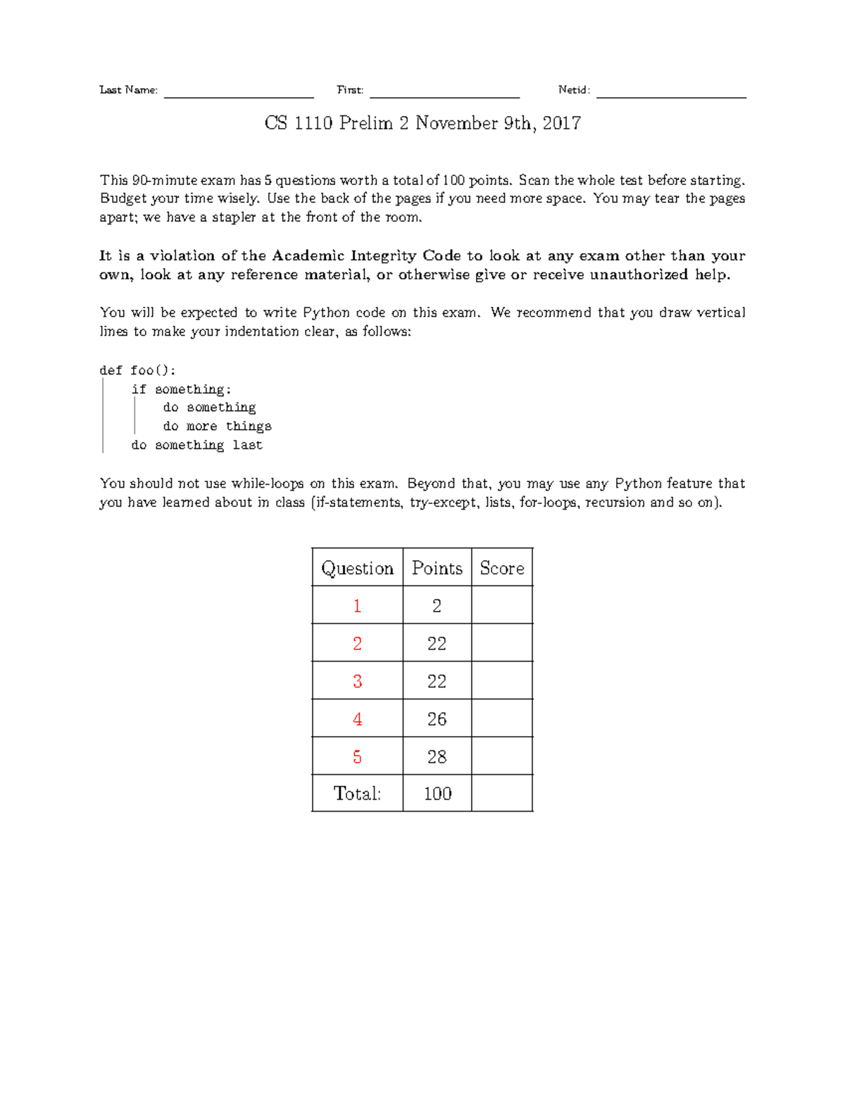 2017 fall prelim 2 answers - CS 1110 Prelim 2 November 9th, 2017 This 90-minute exam has 5 ...
