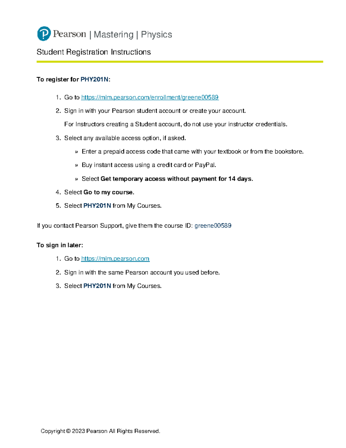 Student Registration Handout greene 00589 - | Mastering | Physics ...