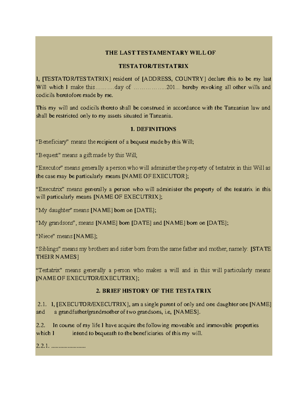 Will Sample - Important to read - THE LAST TESTAMENTARY WILL OF ...