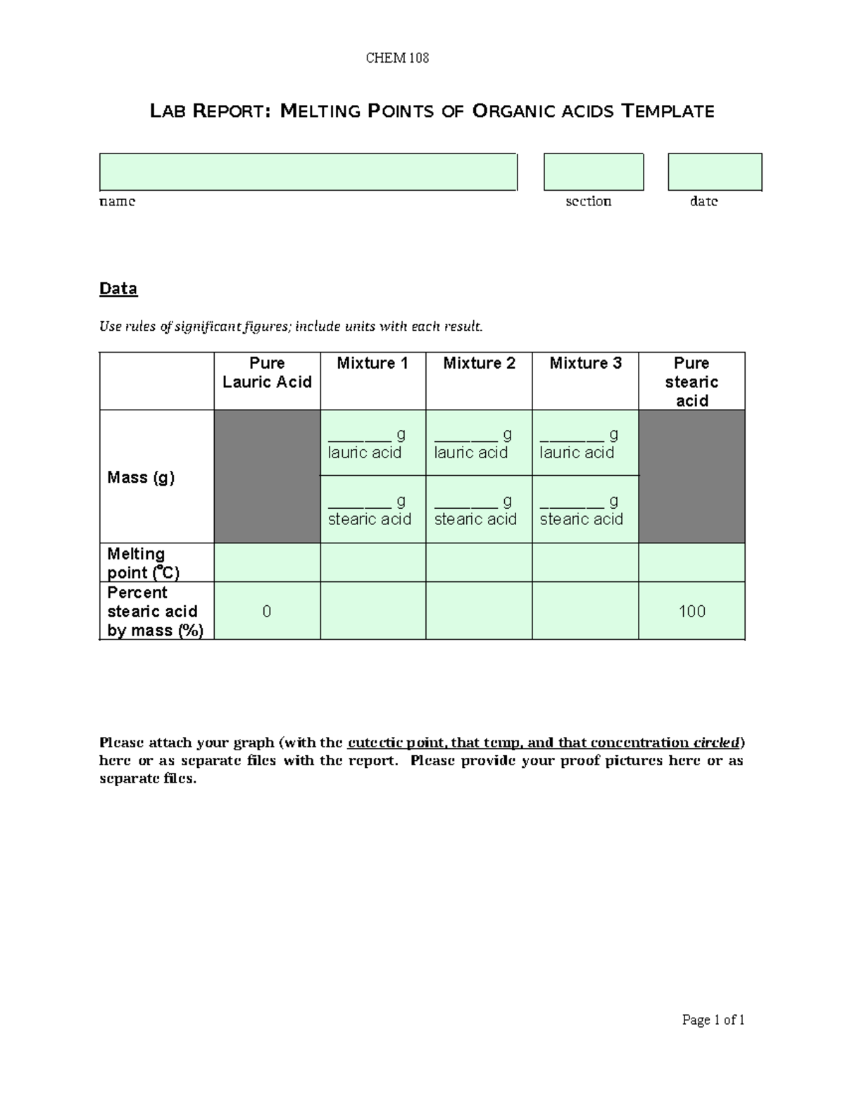 Lab Report Melting Points of Organic Acids Template - CHEM 108 LAB REPORT: MELTING POINTS OF ...