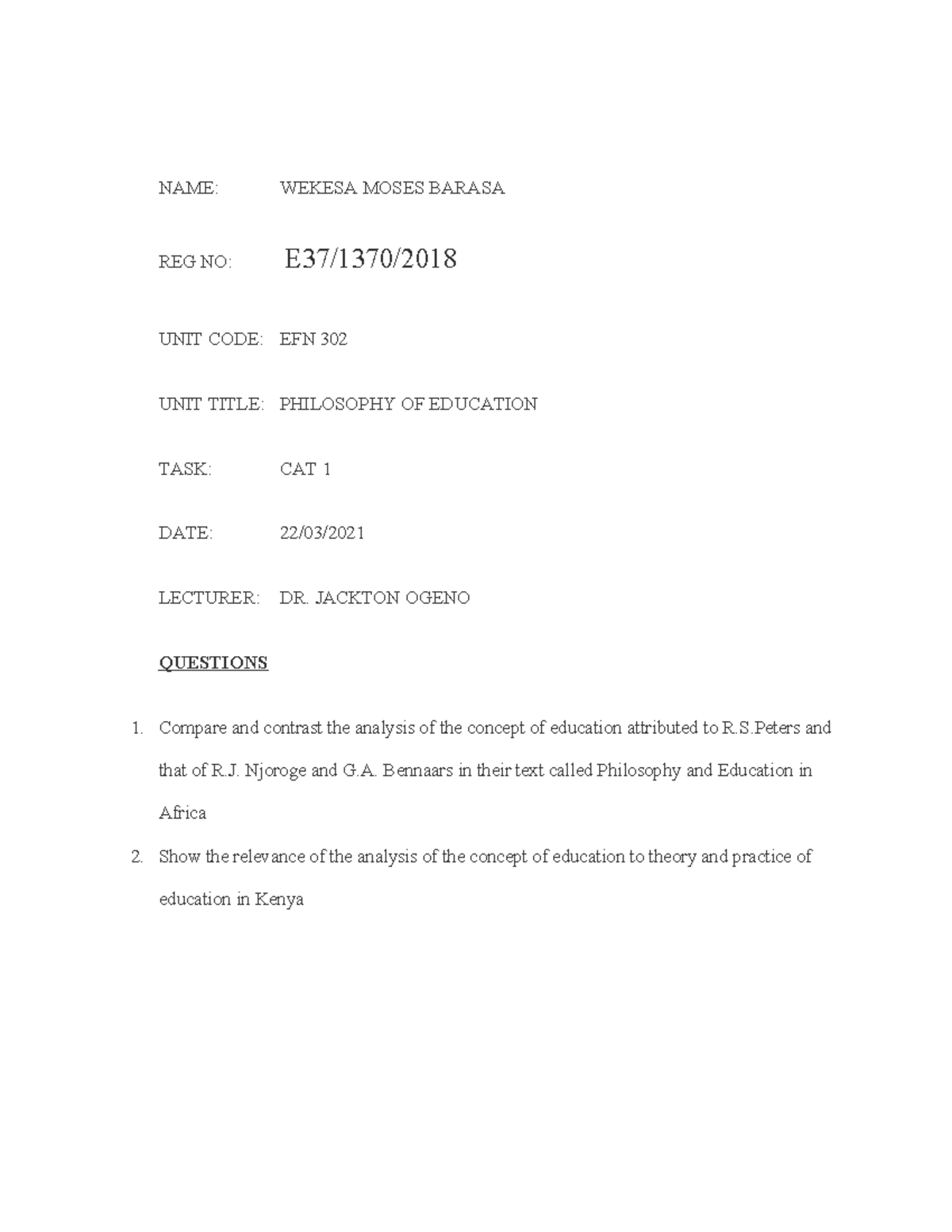 Baro - Well written and up to date. - NAME: WEKESA MOSES BARASA REG NO ...