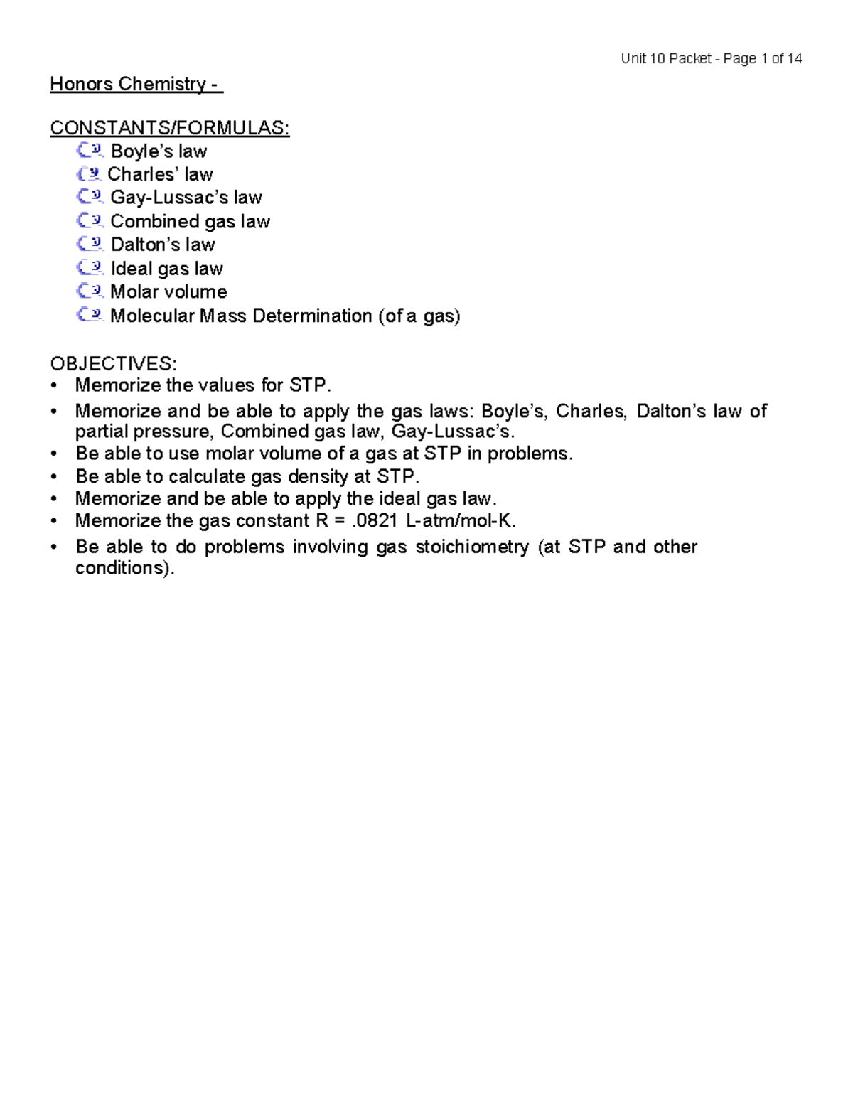 Gas Laws Practice Review - Honors Chemistry - CONSTANTS/FORMULAS: Boyle ...