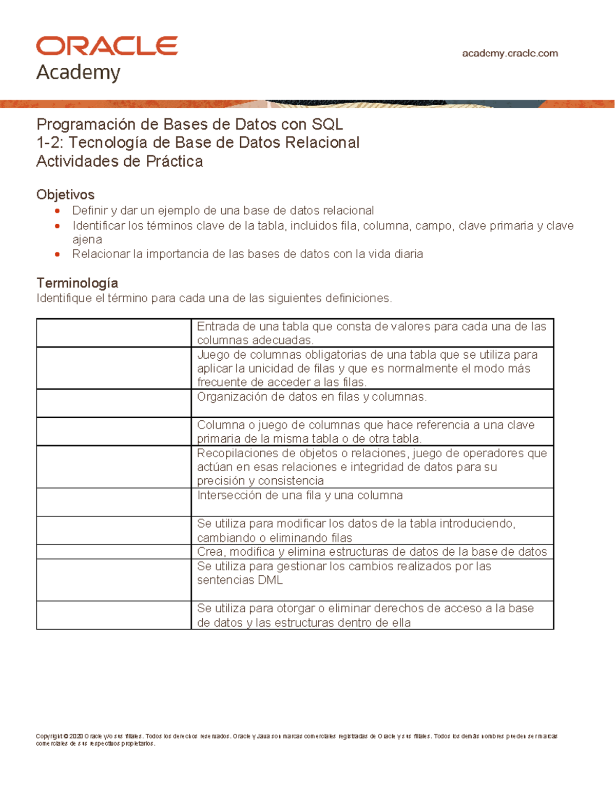 DP 1 2 Practice esp - Homework - Copyright © 2020 Oracle y/o sus ...