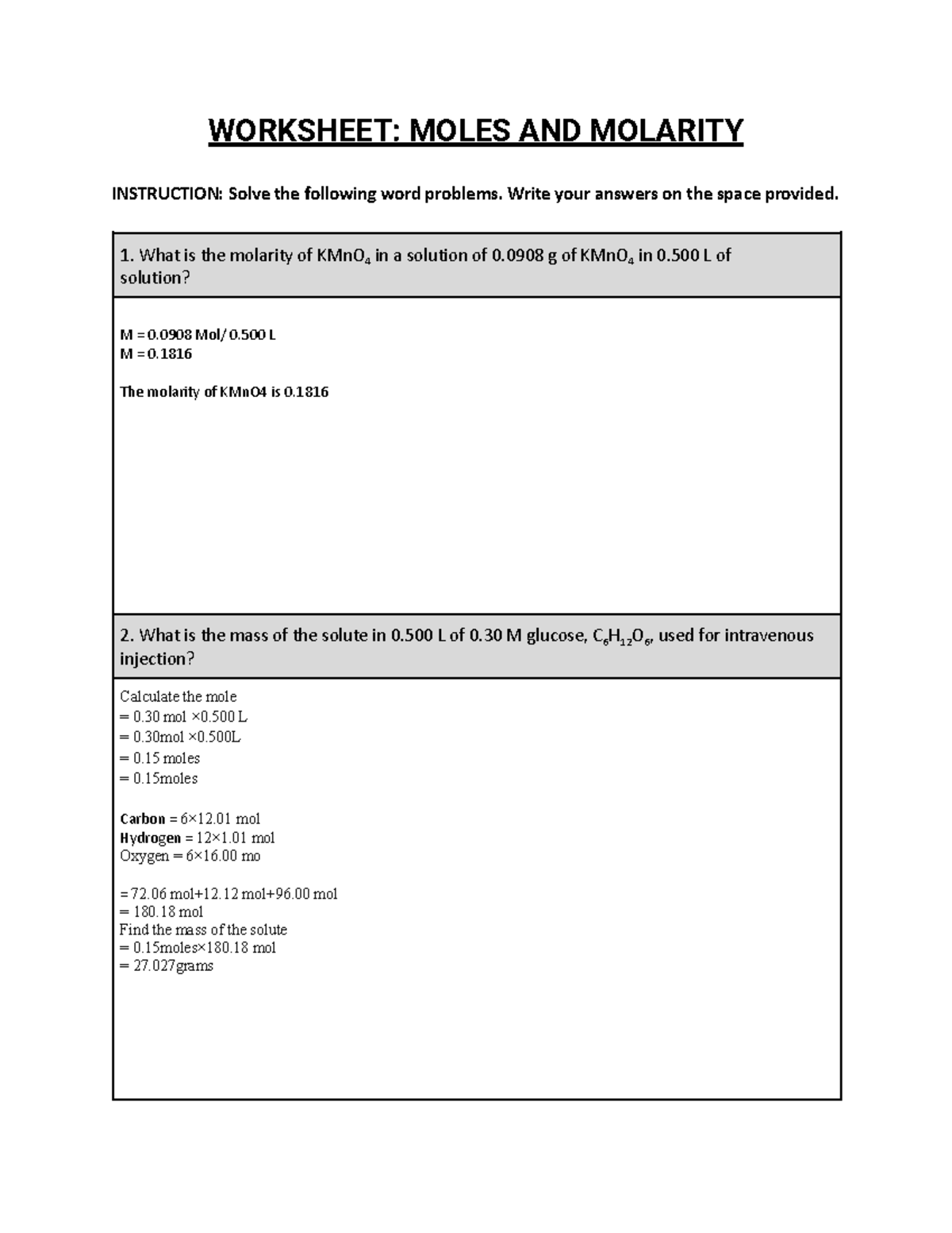 A2. - Worksheet- Moles AND Molarity - WORKSHEET: MOLES AND MOLARITY ...