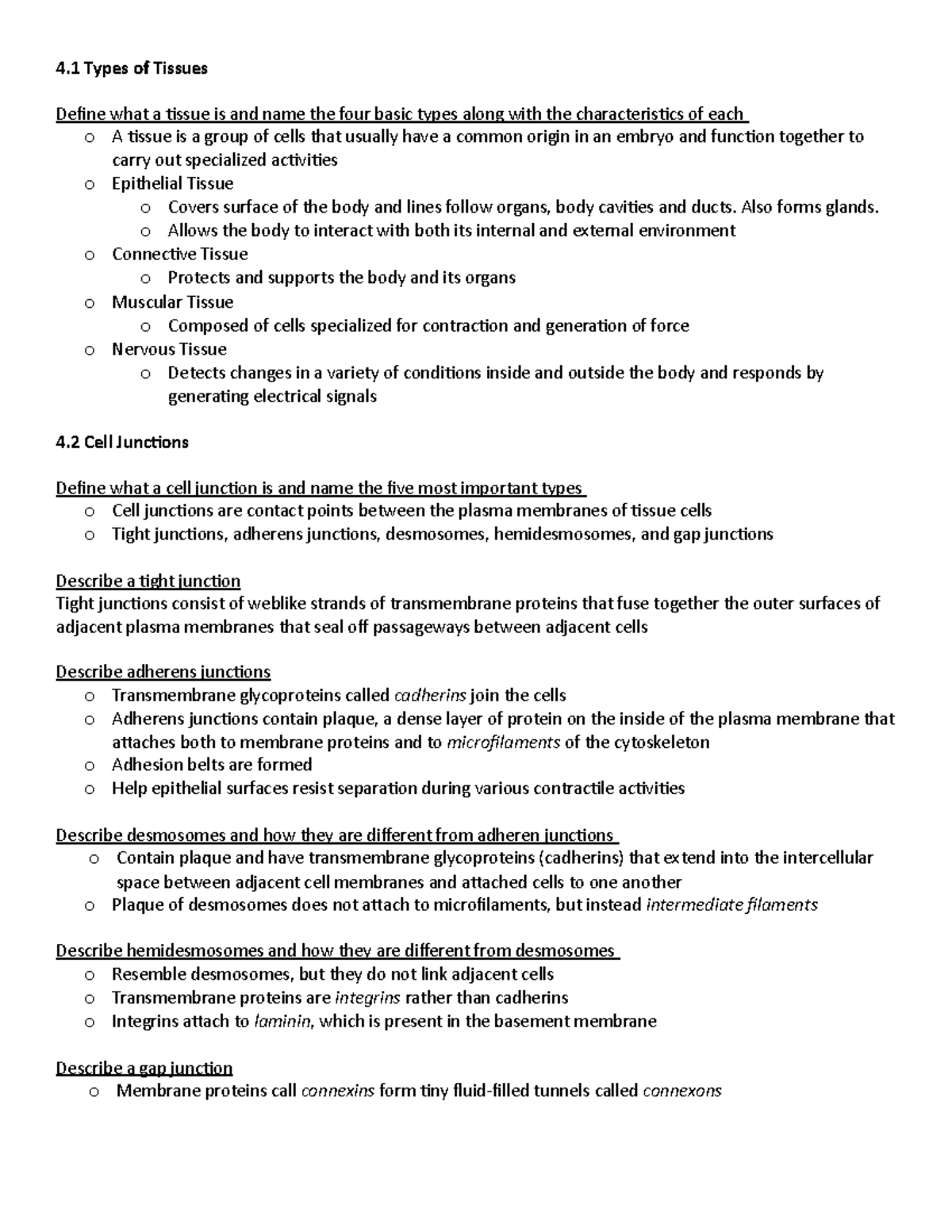 Chapter 4 Notes - practice questions with answers - 4 Types of Tissues ...