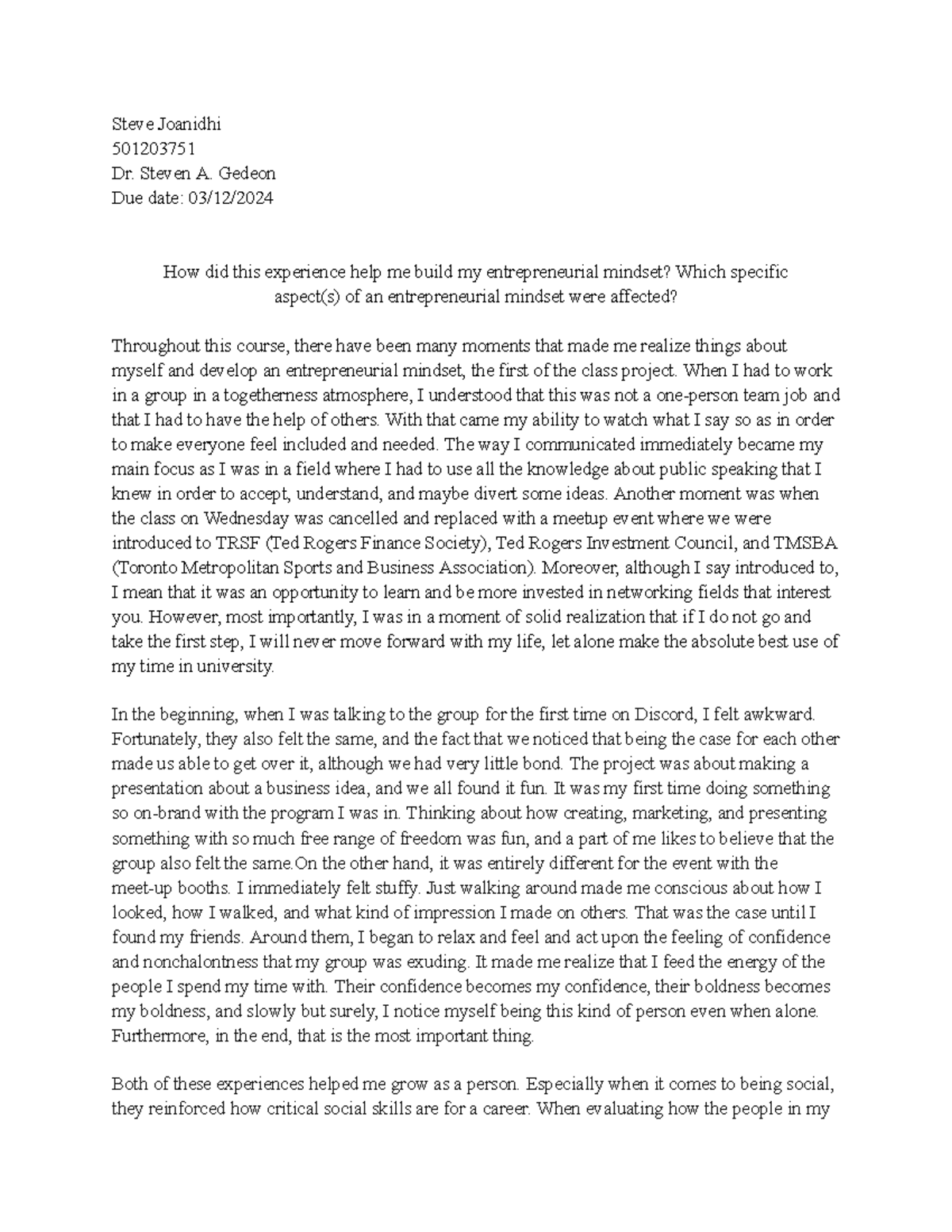 ENT 101 - Assignment #6 - N/A - Steve Joanidhi 501203751 Dr. Steven A ...