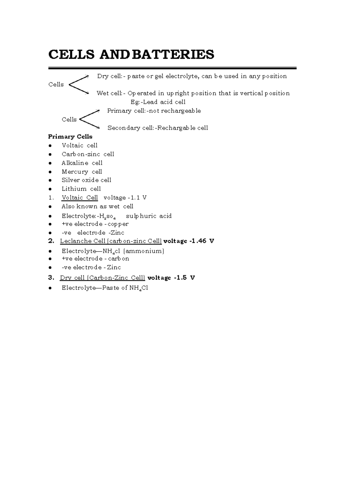 Cells AND Batteries - CELLS AND BATTERIES Cells Cells Primary Cells Dry ...
