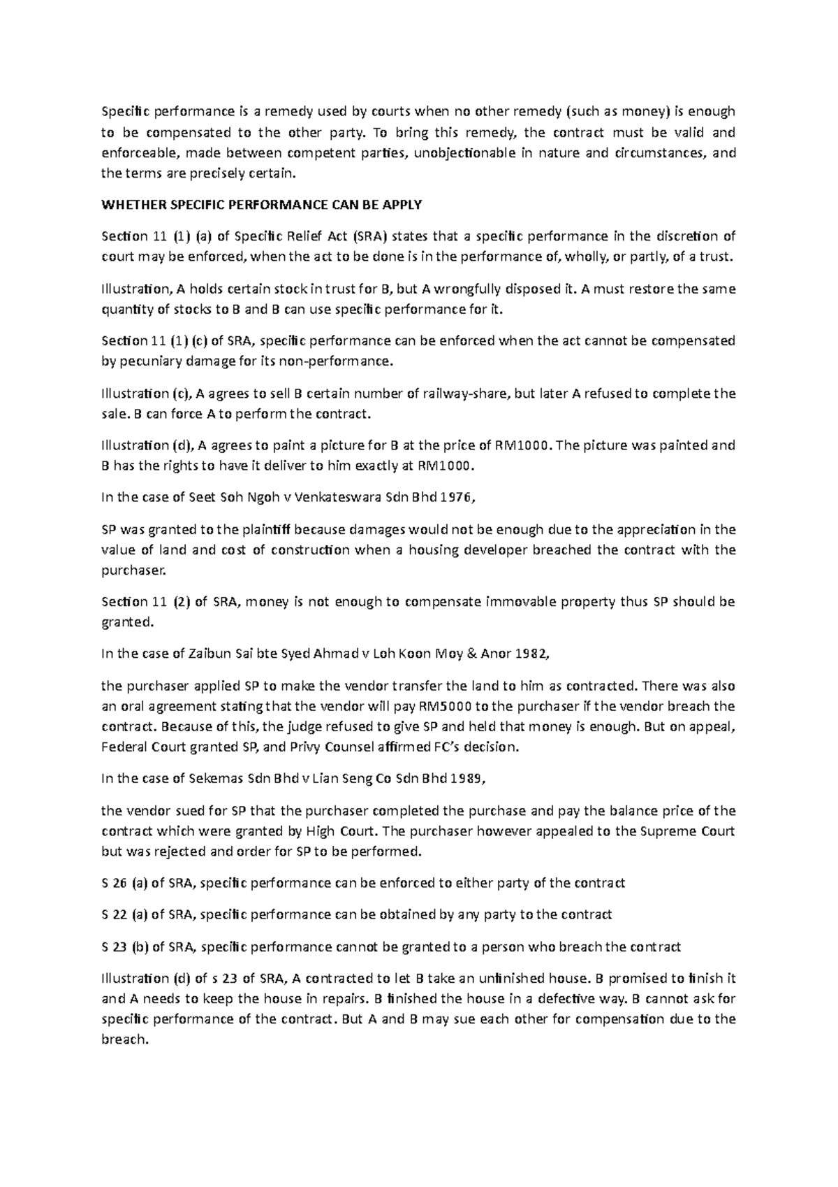 Specific relief contract - Specific performance is a remedy used by ...