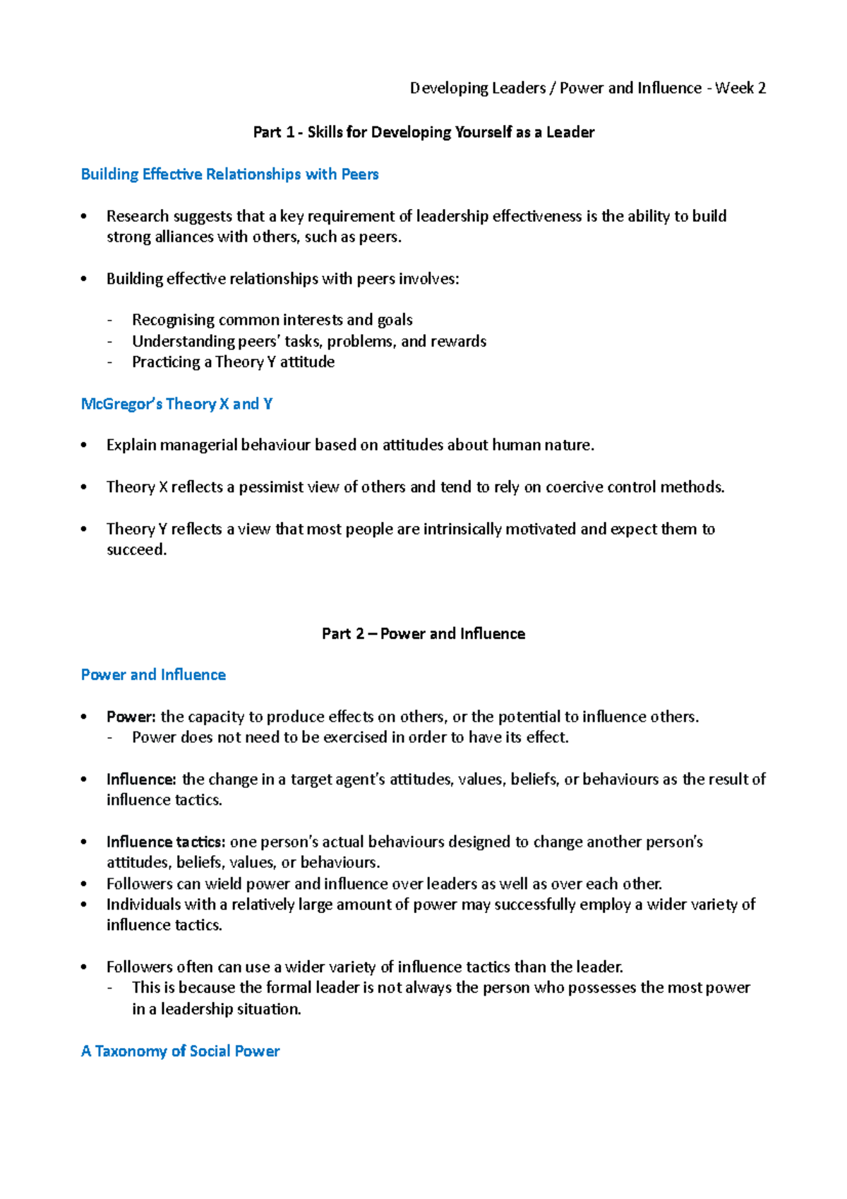 Summaries for exam - Developing Leaders / Power and Influence - Week 2 ...