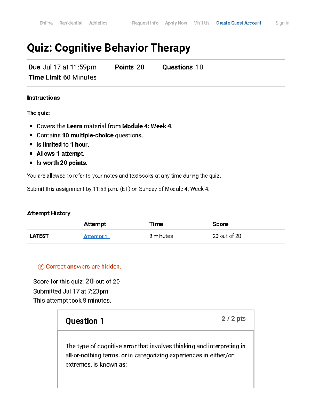 Quiz Cognitive Behavior Therapy COUC510 Theories of Counseling (D01 ...