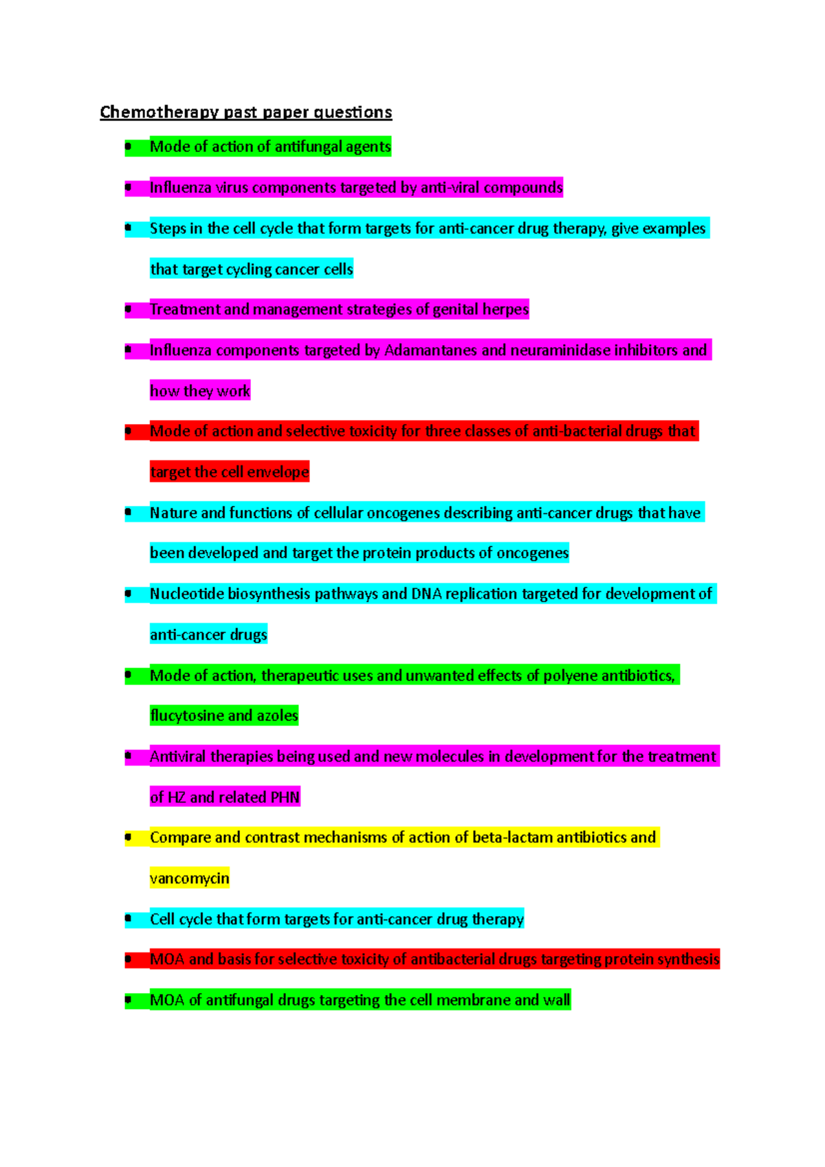 Chemotherapy past paper questions - Studocu