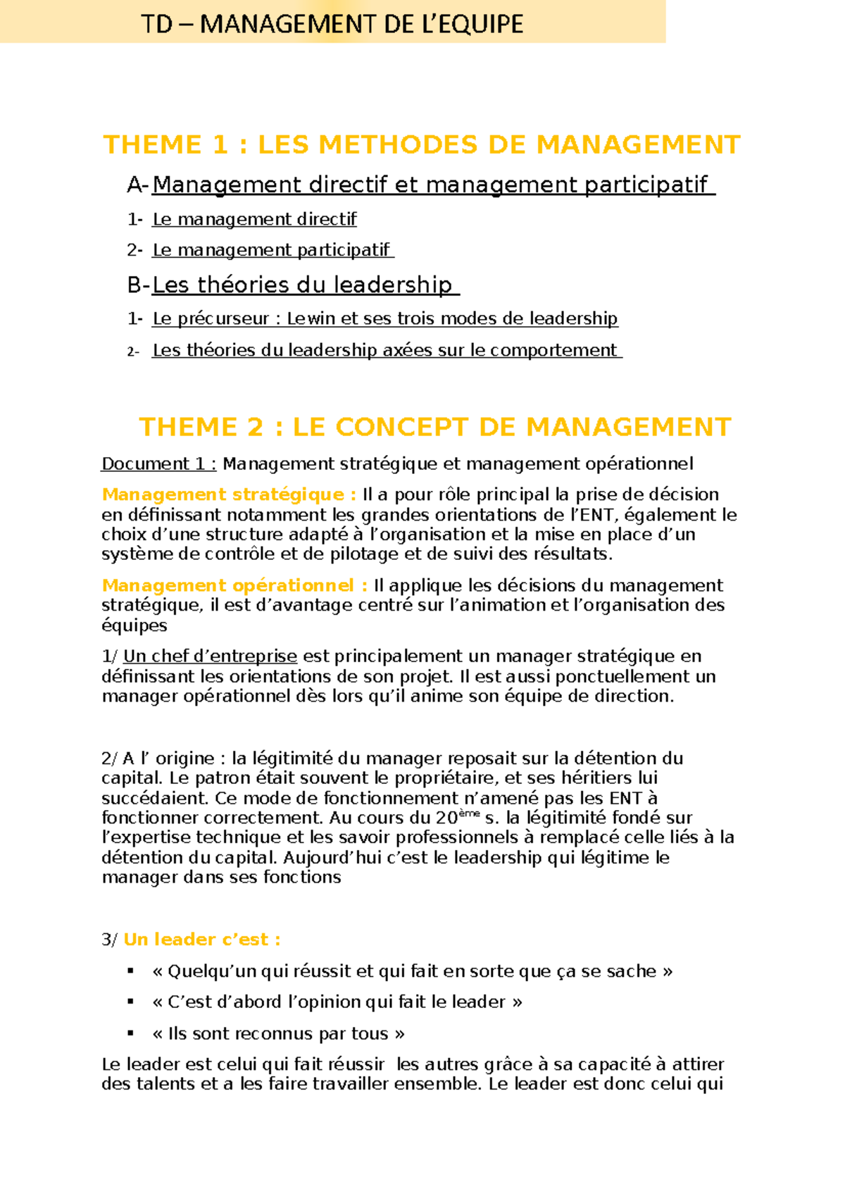 TC2 - TD Management de l’equipe - TD – MANAGEMENT DE L’EQUIPE THEME 1 ...