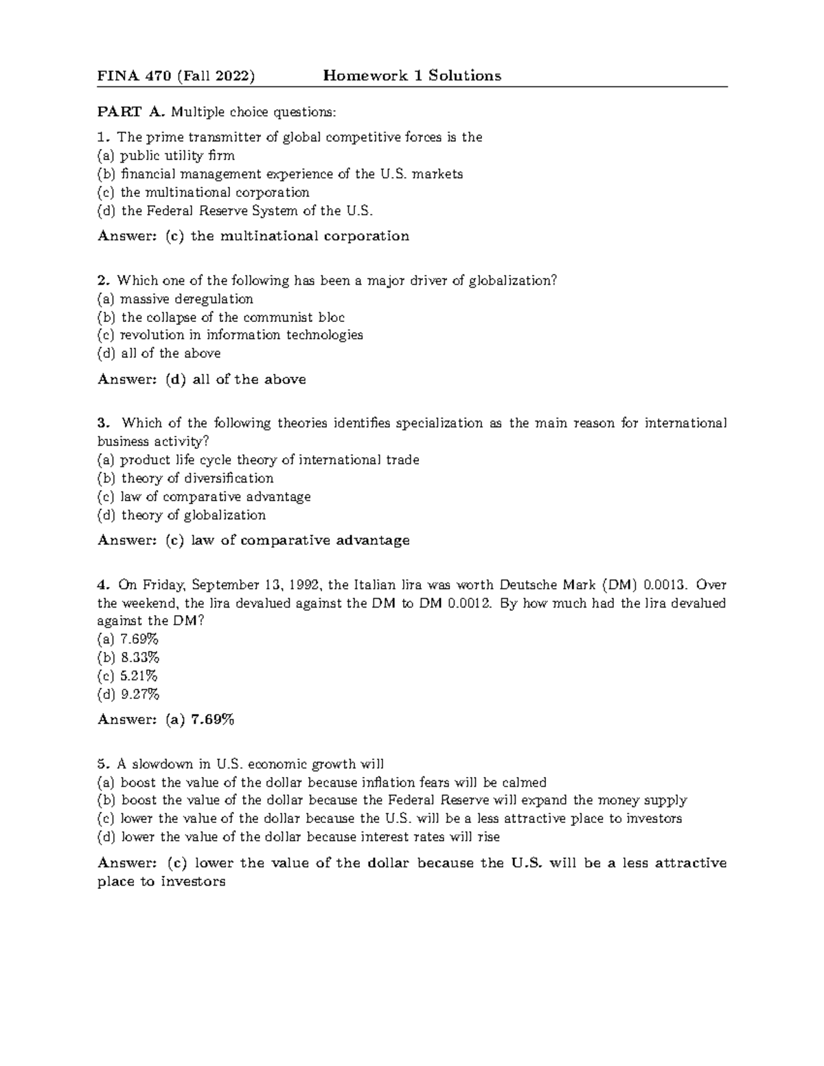 Hw1 Sol Solutions For First Homework Fina 470 Fall 2022 Homework 1 Solutions Part A