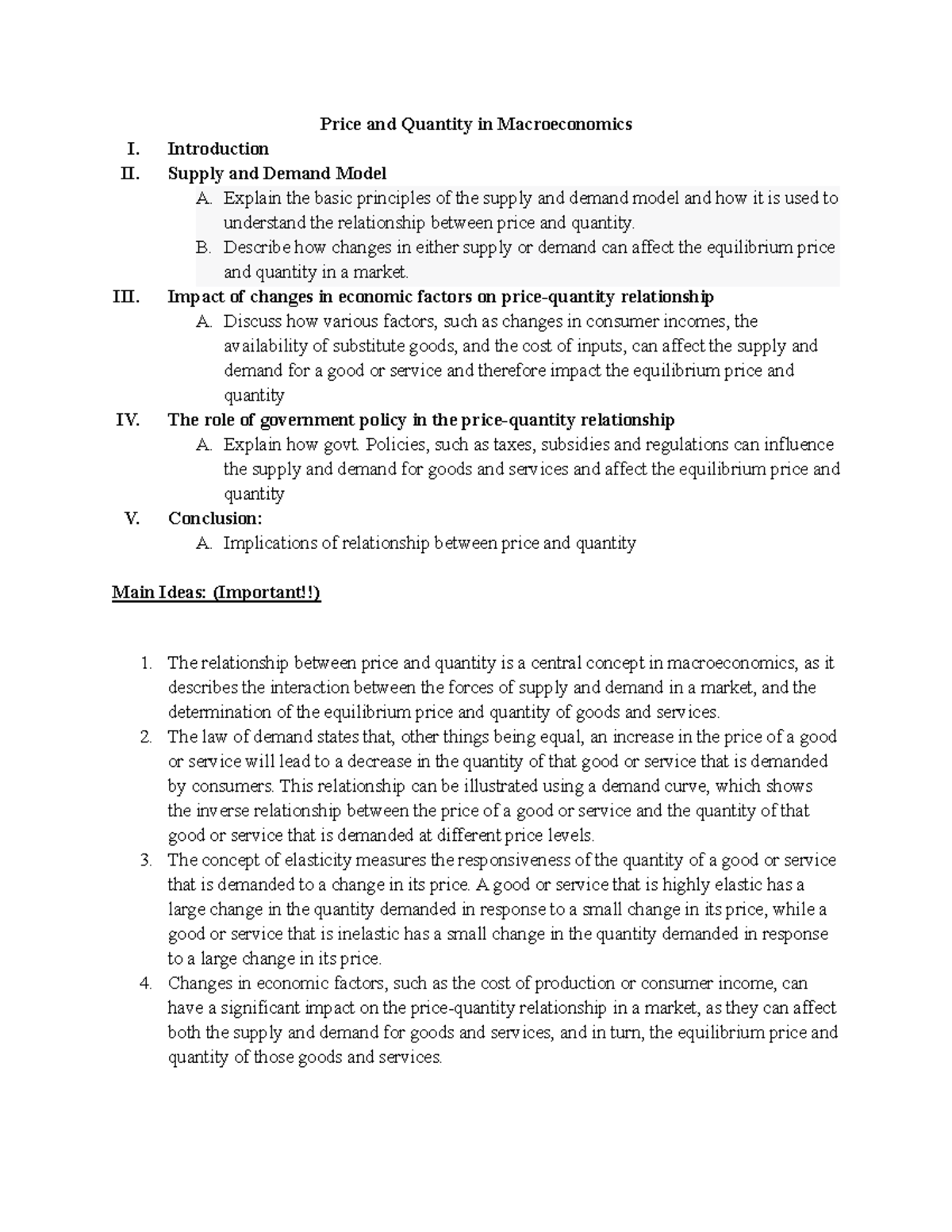 Price and Quantity - Introduction II. Supply and Demand Model A ...