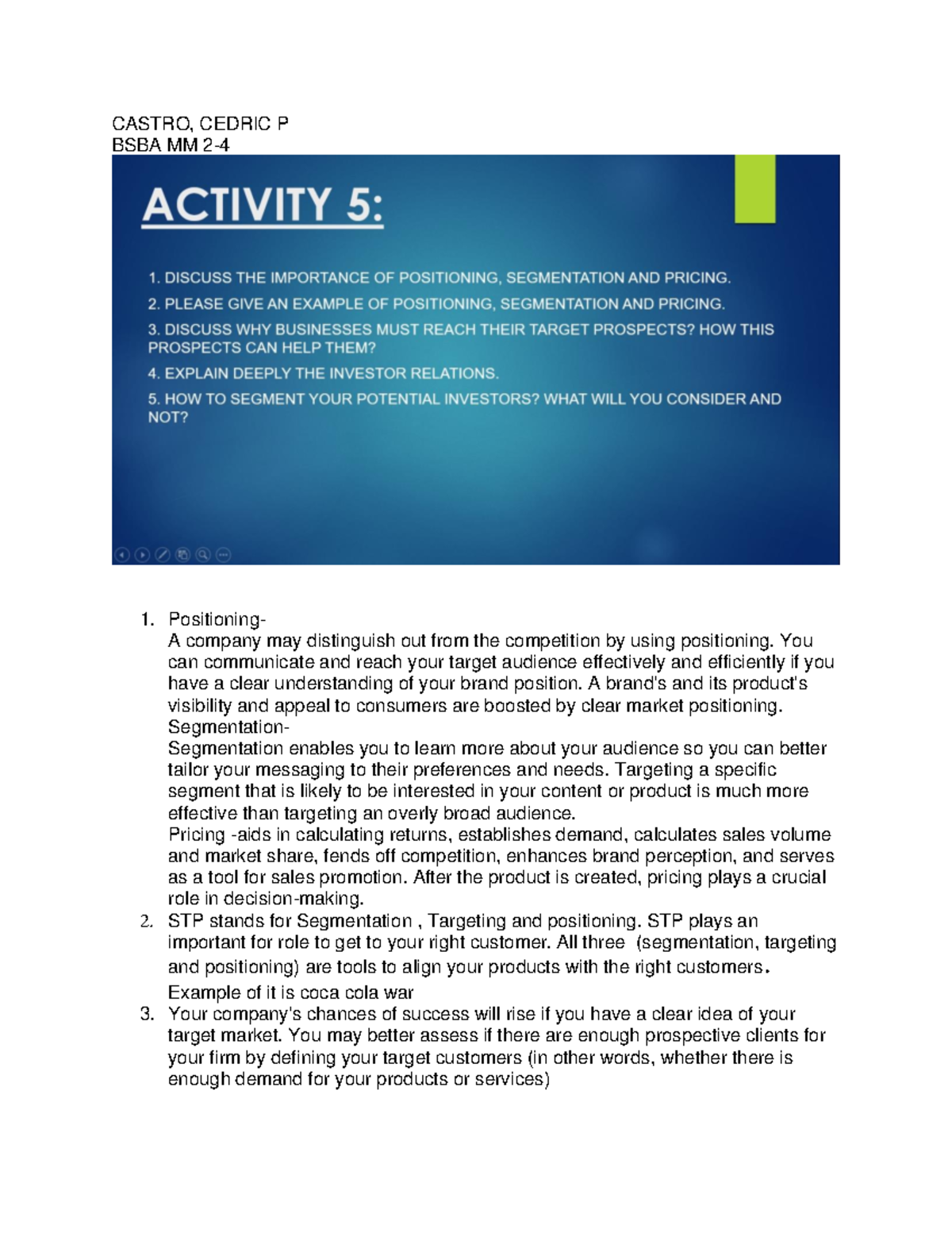 Castro (Entrep) - CASTRO, CEDRIC P BSBA MM 2- Positioning- A company ...