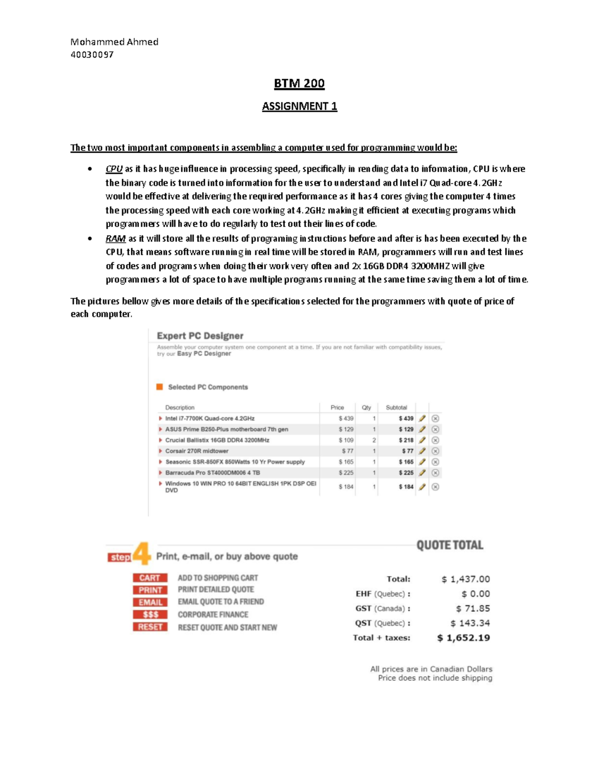 BTM 200 Assignment 1 - Warning: TT: undefined function: 32 Mohammed Ahmed 40030097 BTM 2 00 ...