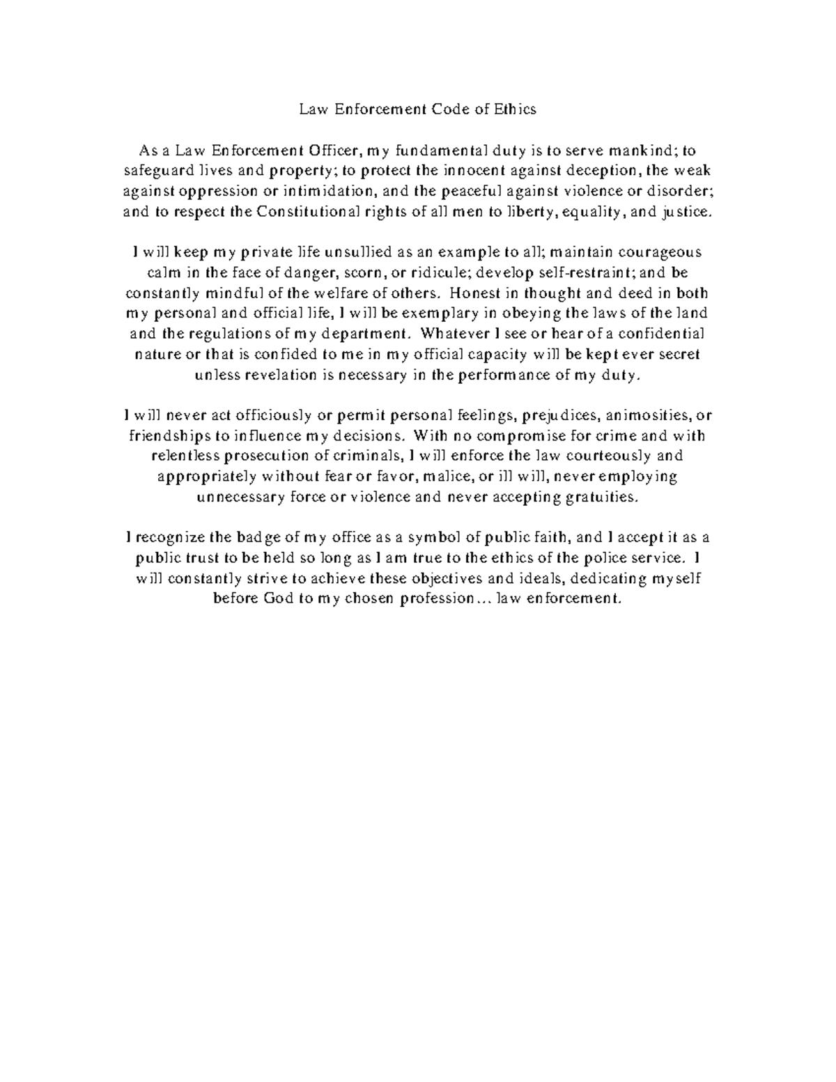 Law Enforcement Code Of Ethics Law Enforcement Code Of Ethics A S A