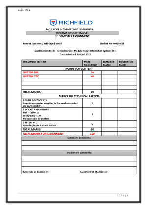 IS 511 Assignment 2 - FACULTY OF INFORMATION TECHNOLOGY PROGRAMMING 511 1 ST SEMESTER ASSIGNMENT ...