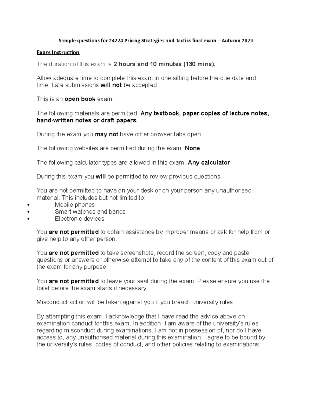 Example questions for 24224 Pricing Strategies and Tactics(1) - Allow ...