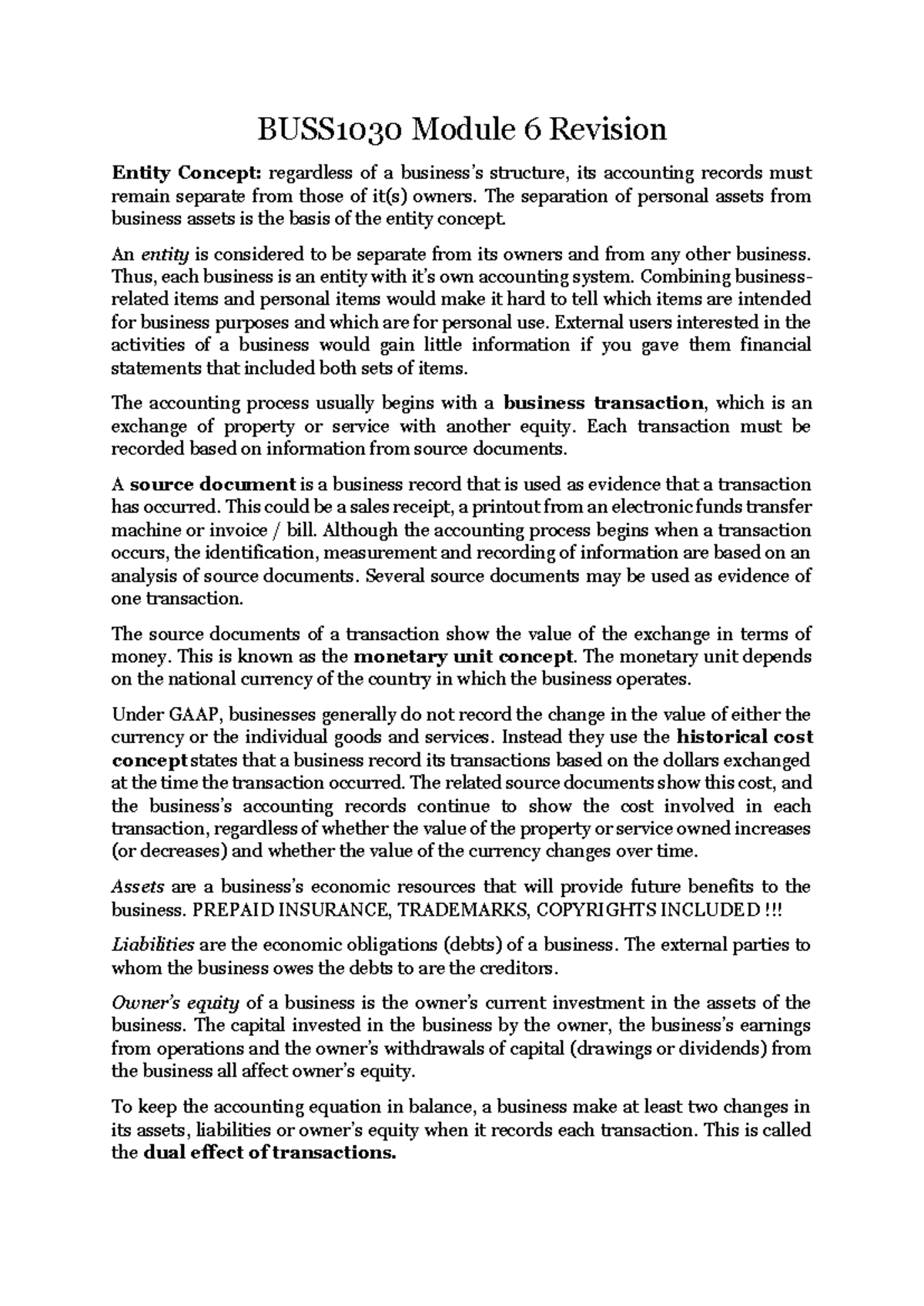 BUSS1030 Module 6 Notes - BUSS1030 Module 6 Revision Entity Concept ...