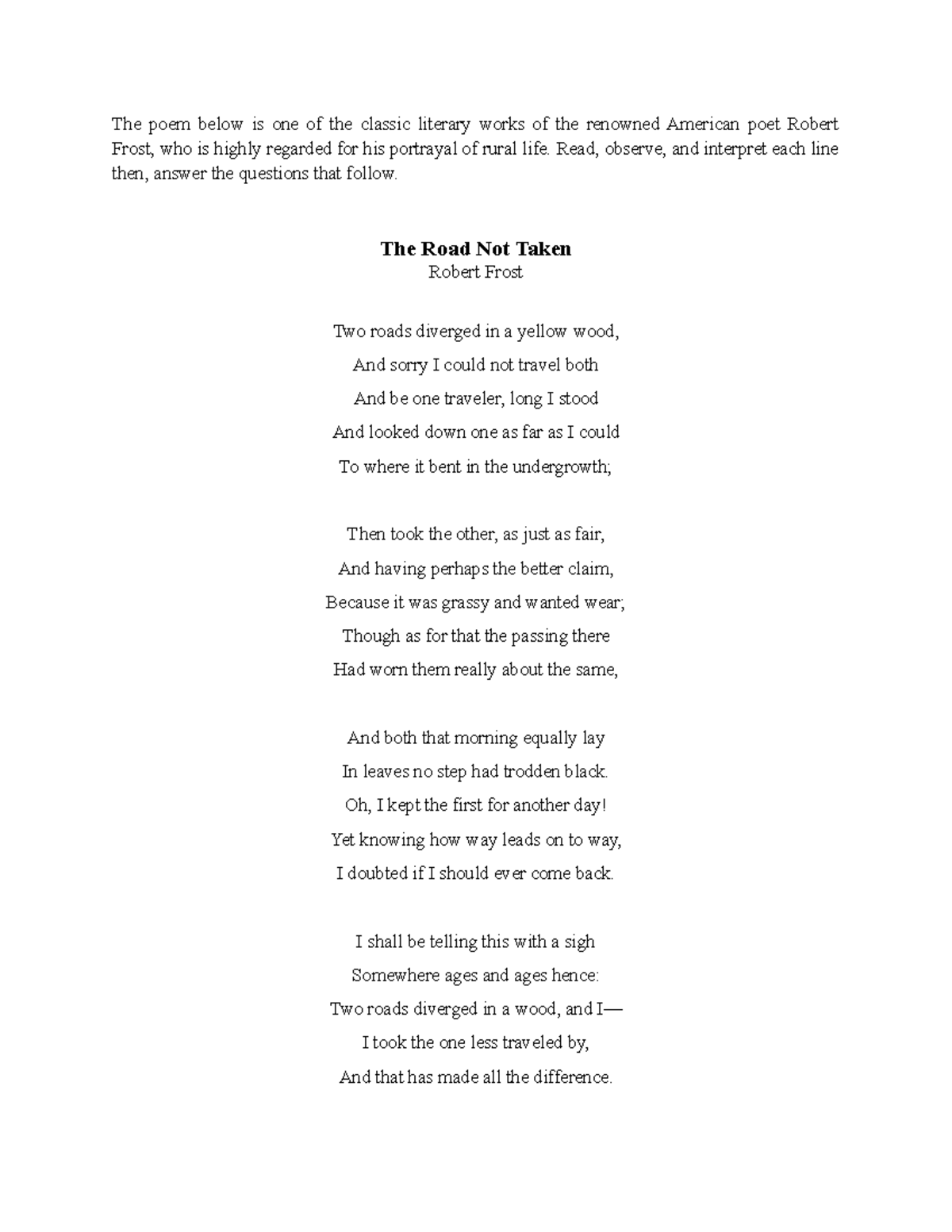Lesson 2 - The poem below is one of the classic literary works of the ...