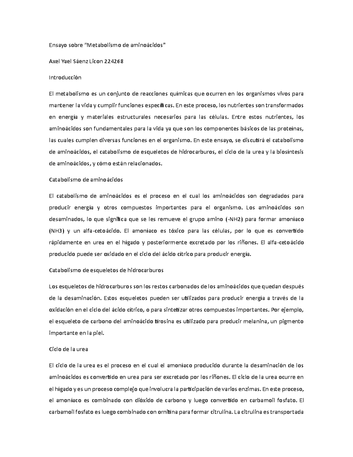 Ensayo metabolismo 224268 - Ensayo sobre “Metabolismo de aminoácidos ...