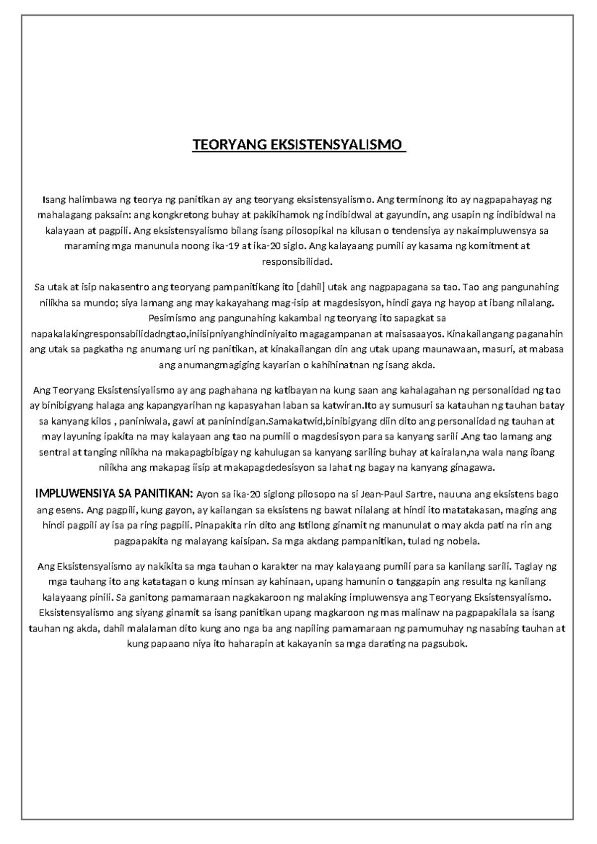 Dupidapdapwillie 222 - ENJOY - TEORYANG EKSISTENSYALISMO Isang ...