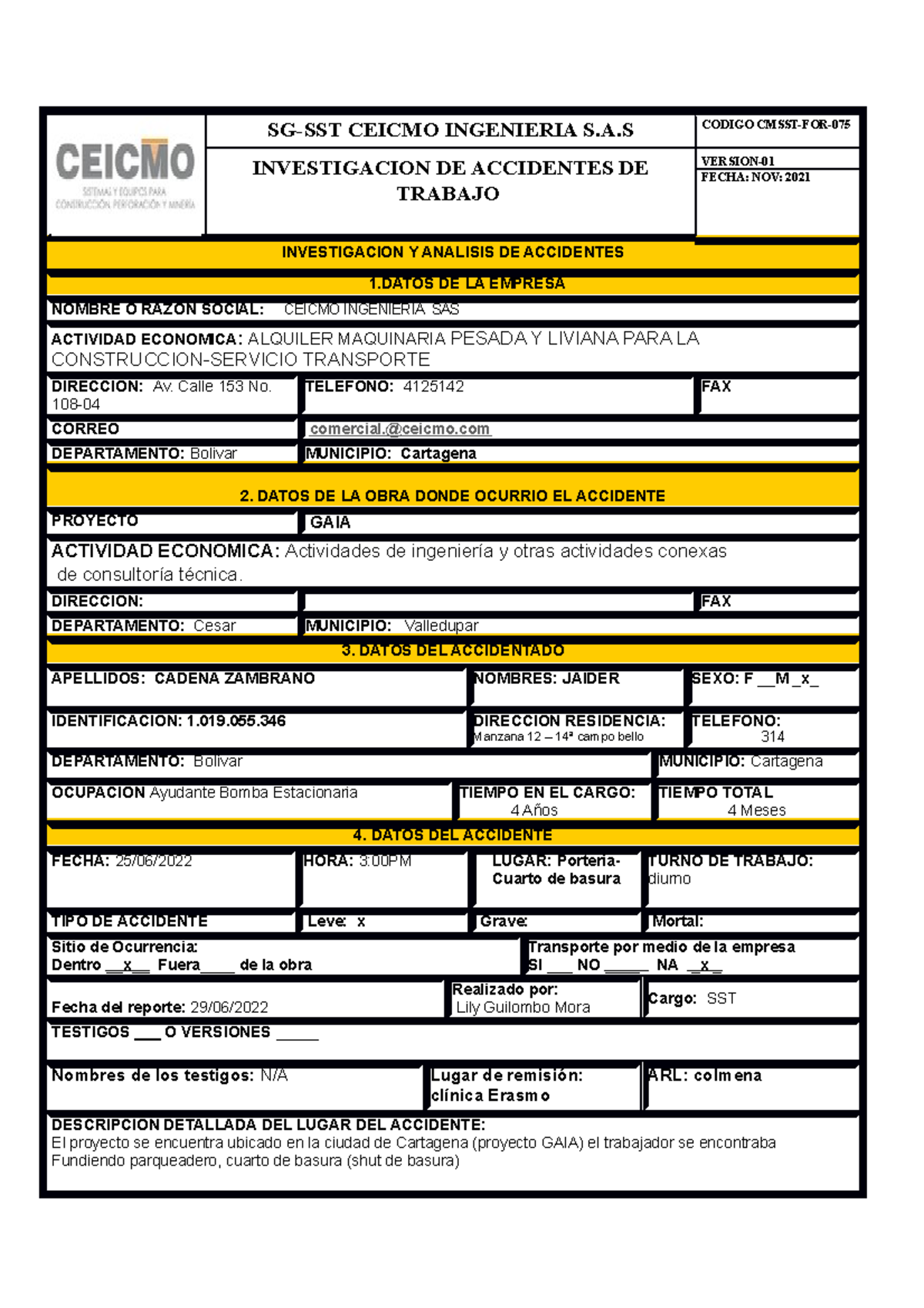 075 Formato DE Investigacion DE Accidentes - SG-SST CEICMO INGENIERIA S ...
