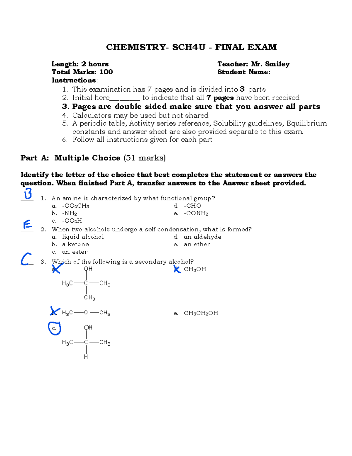 Practice exam solutions - CHEMISTRY- SCH4U - FINAL EXAM Length: 2 hours ...