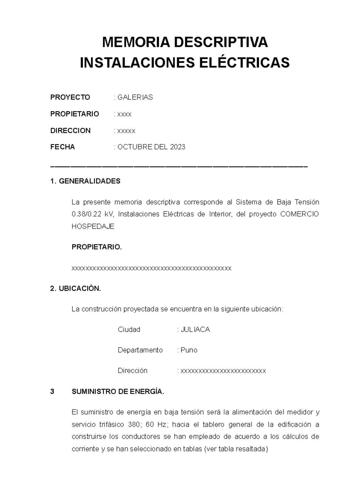 Memoria Electricas - MEMORIA DESCRIPTIVA INSTALACIONES ELÉCTRICAS PROYECTO : GALERIAS ...