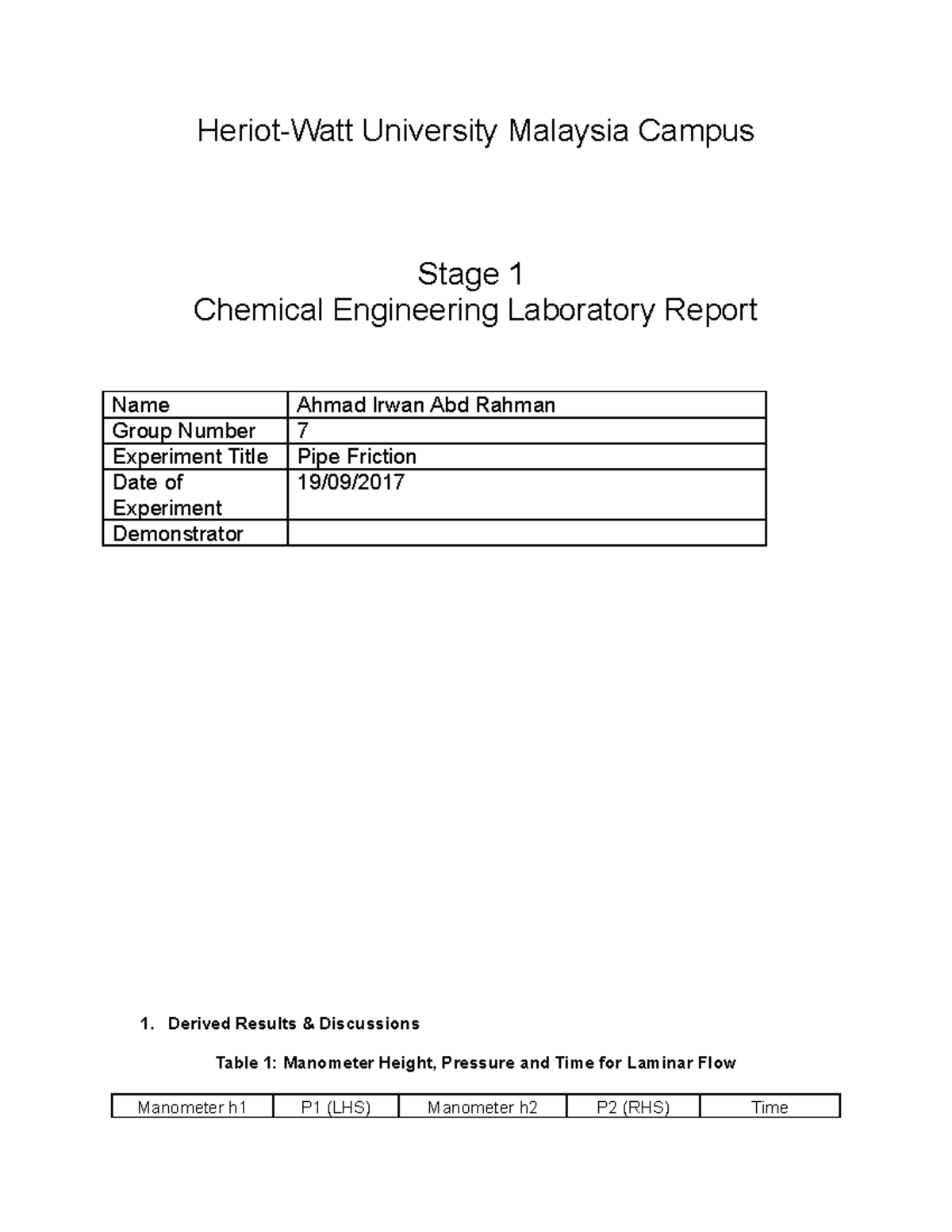 Experiment 1A Pipe Friction - Heriot-Watt University Malaysia Campus ...