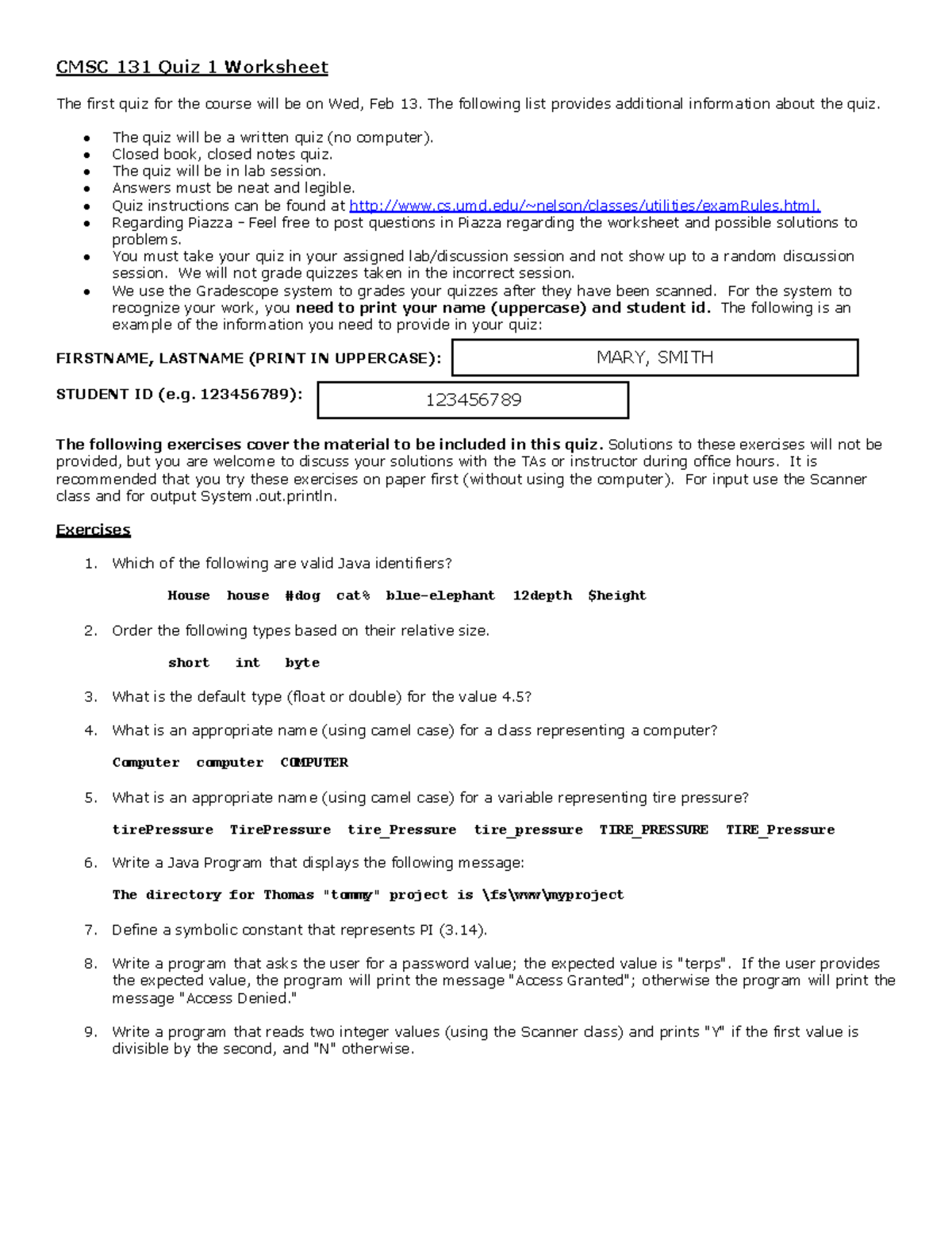 Quiz Worksheet 1 - quiz hint - Warning: TT: undefined function: 32 CMSC ...