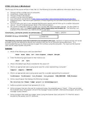 Worksheet 2 - CMSC 131 Quiz 2 Worksheet The next quiz for the course ...
