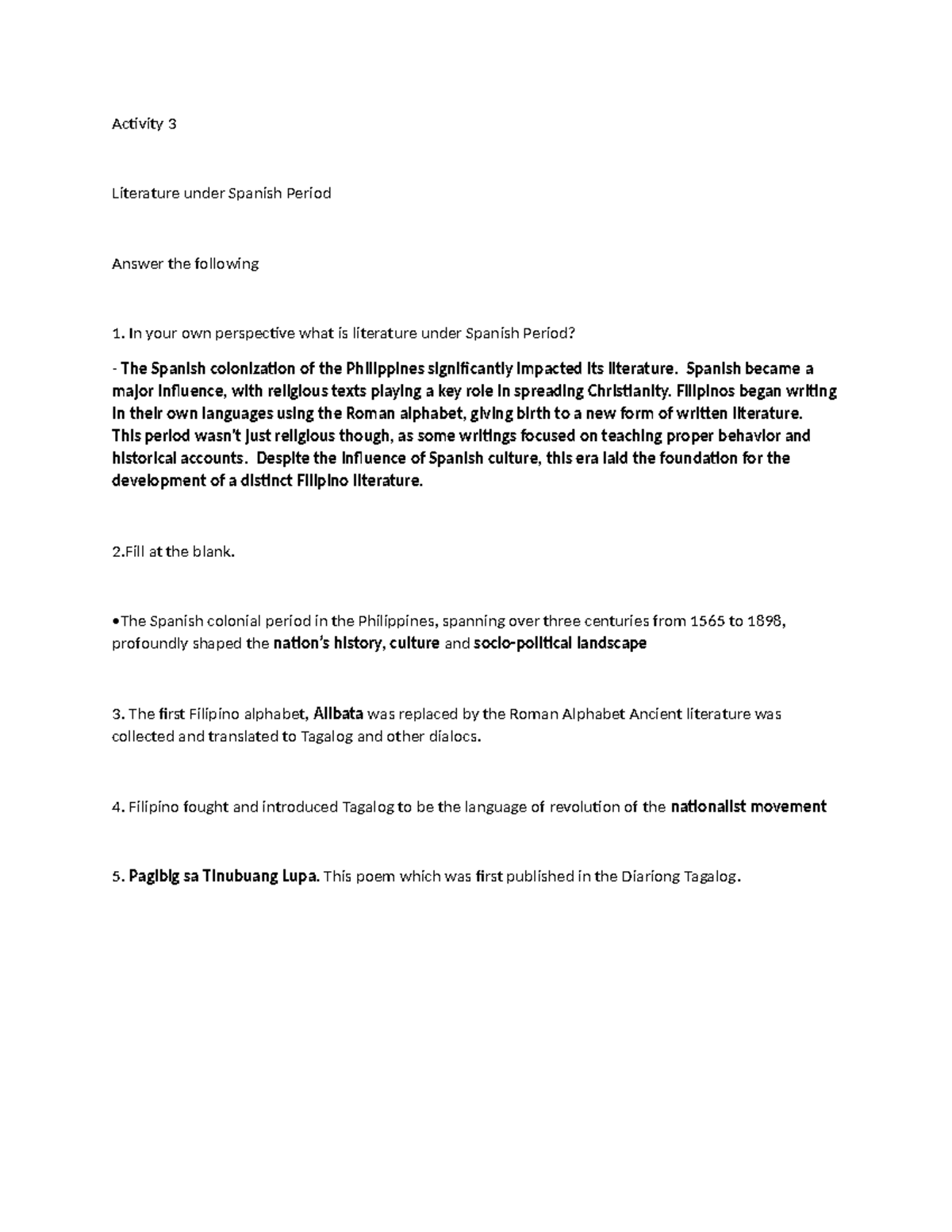 EL 113 - El 113 Activity - Activity 3 Literature under Spanish Period ...