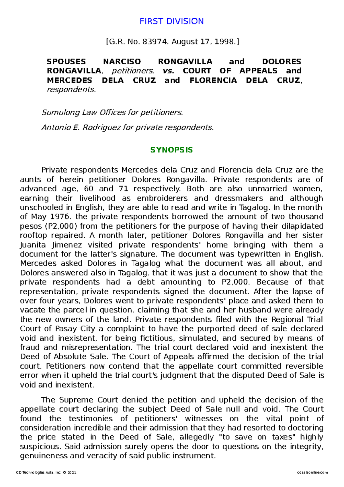 5. Spouses Rongavilla v - FIRST DIVISION [G. No. 83974. August 17, 1998 ...