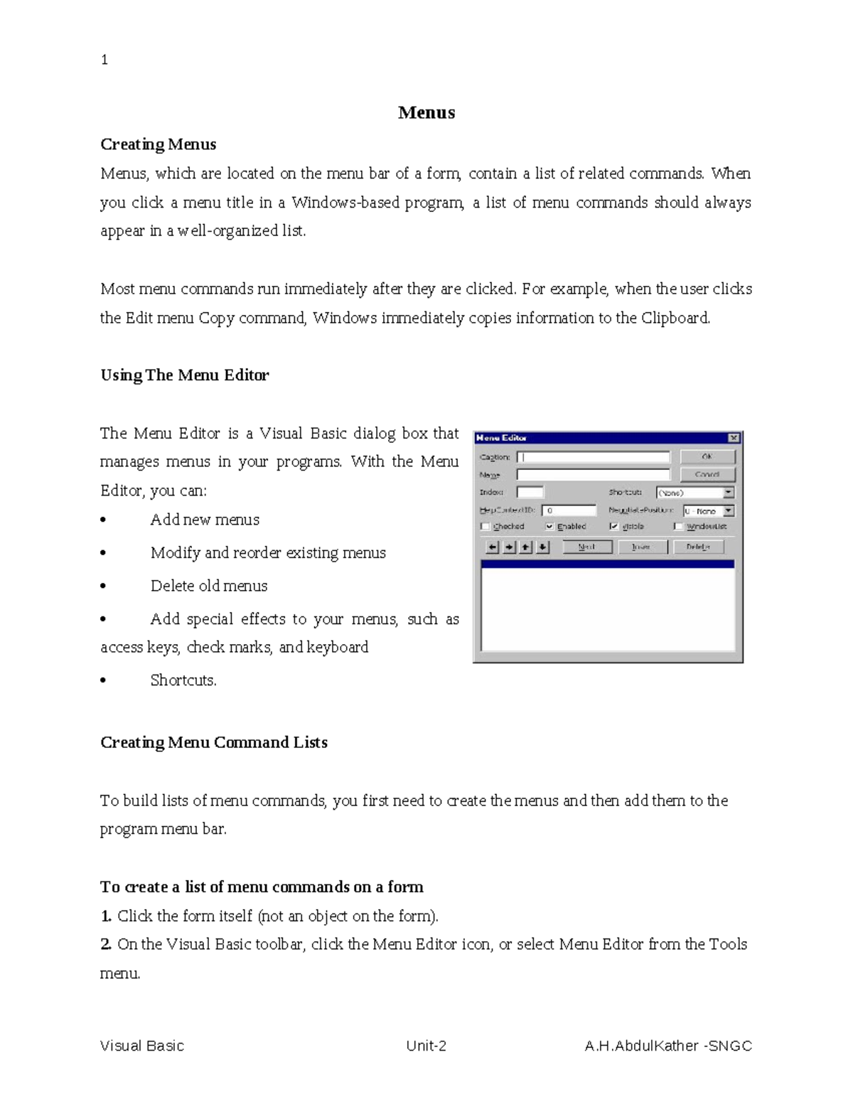 Visualbasic Unit Ii This Notes Were Very Useful In My Previous Examination Menus Creating