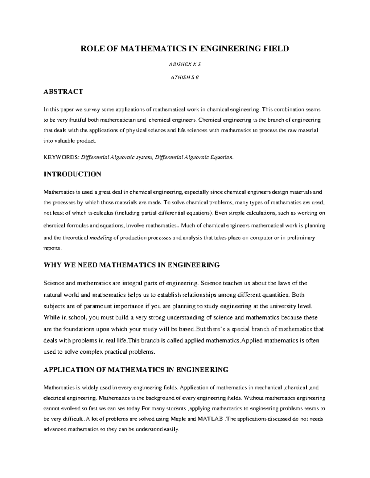 Math - ROLE OF MATHEMATICS IN ENGINEERING FIELD ABISHEK K S ATHISH S B ...