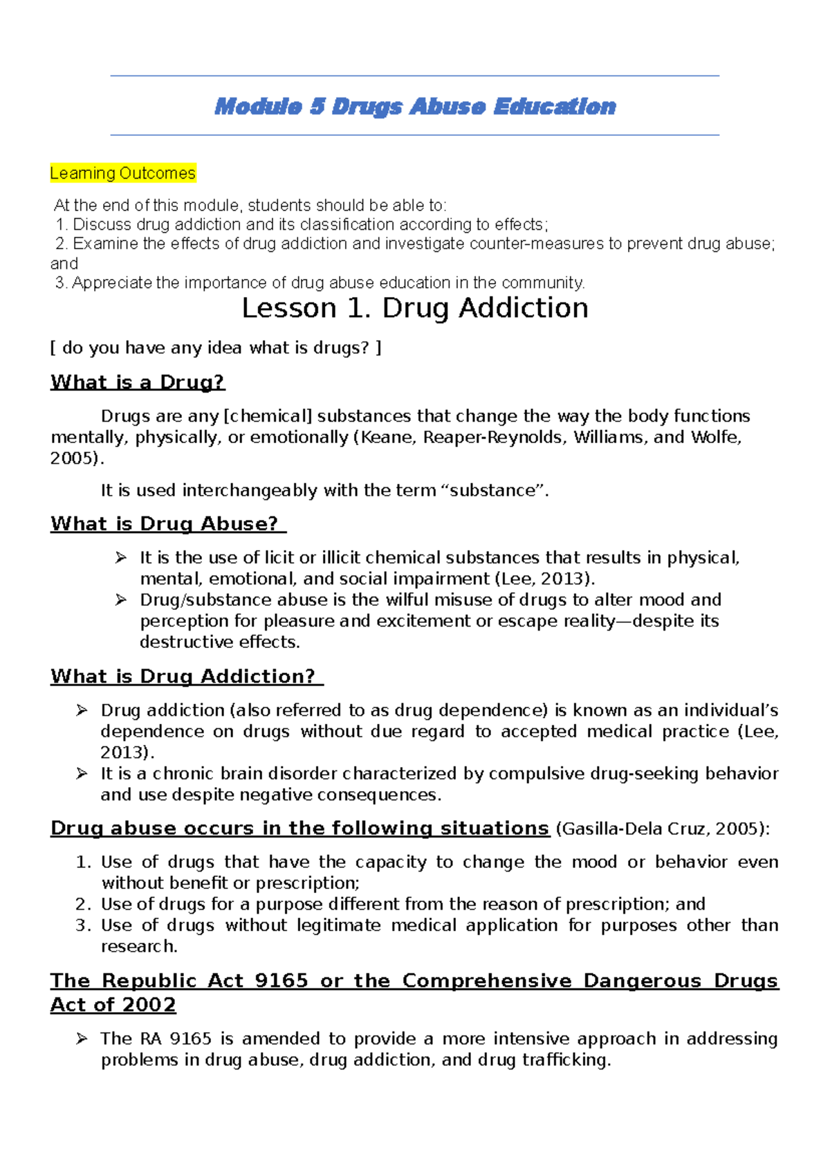 Lesson 1 CWTS NSTP Module 5 - Module 5 Drugs Abuse Education Learning ...