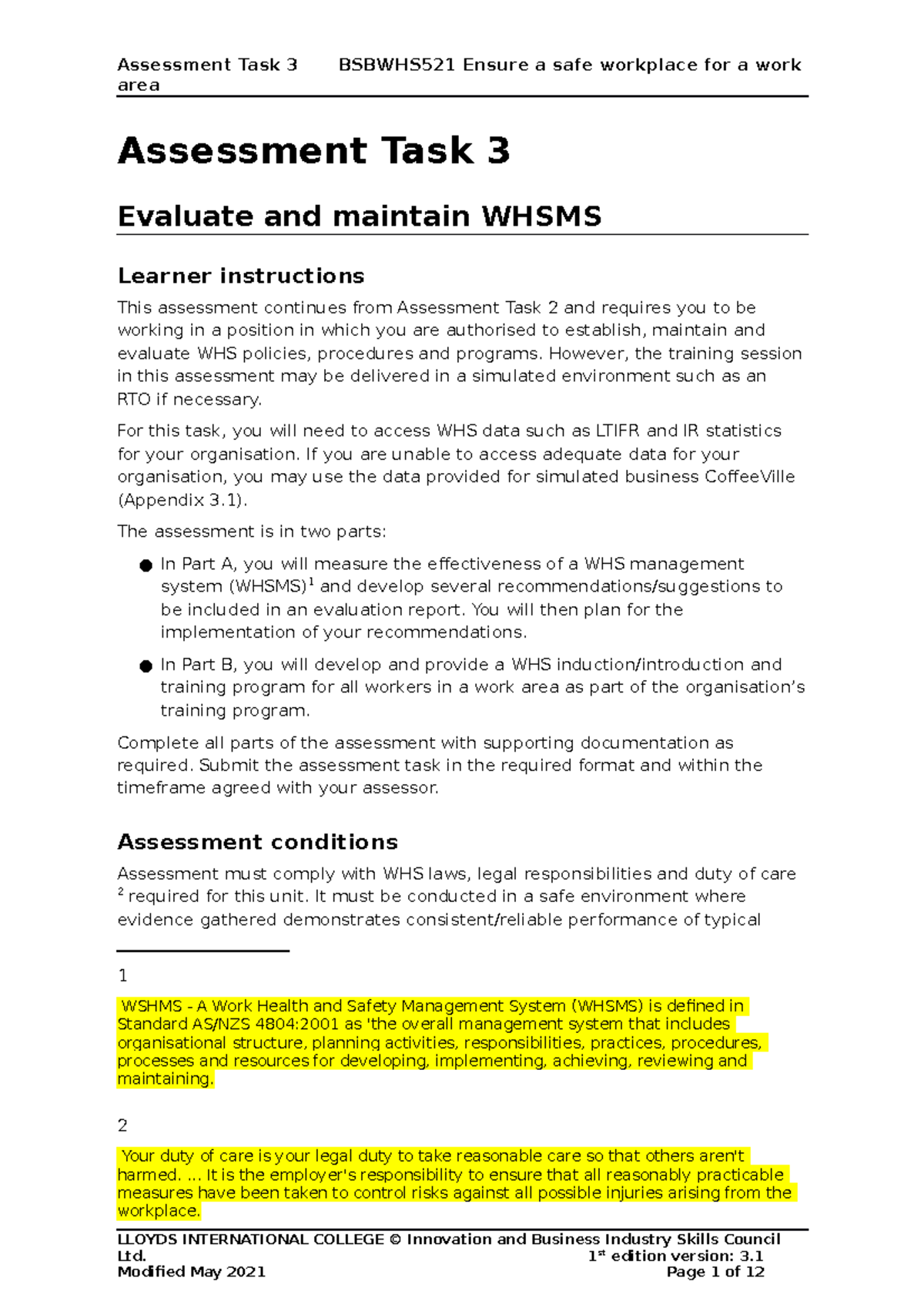 Bsbwhs 521 - Assessment Task 3 V3 - ####### area Assessment Task 3 Evaluate and maintain WHSMS ...