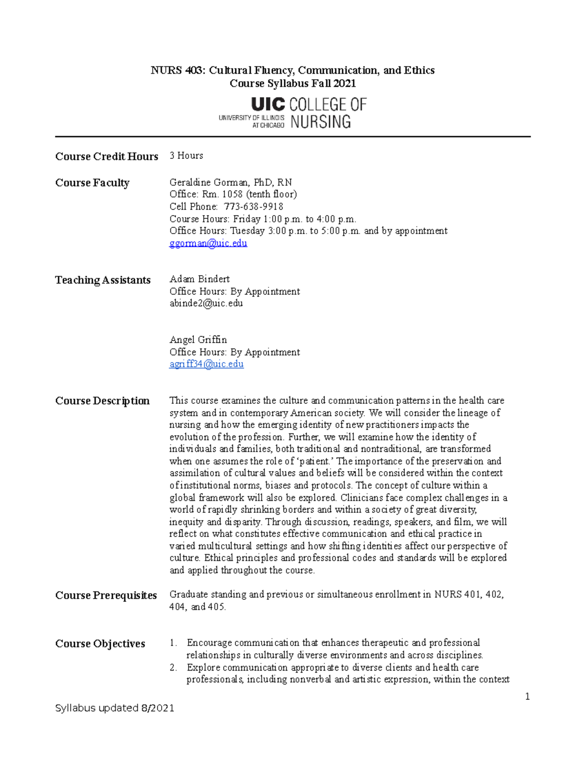 NURS 403 Fall 2021 Syllabus - Course Syllabus Fall 20 21 Course Credit Hours 3 Hours Course ...