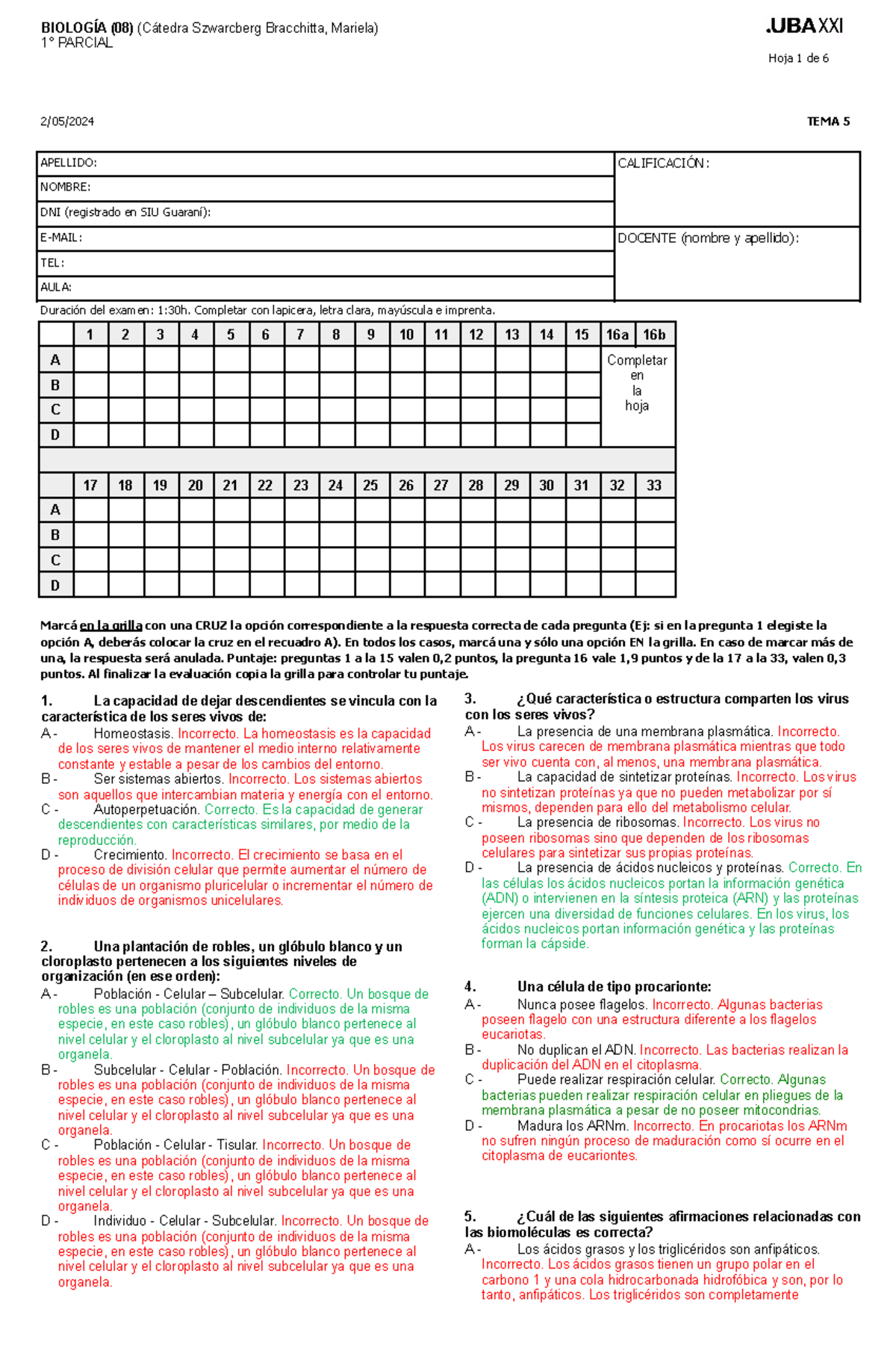 1P1C 2024 T5 claves - Examen ejemplo con respuestas - 1° PARCIAL Hoja 1 de 6 2/05/2024 TEMA 5 ...