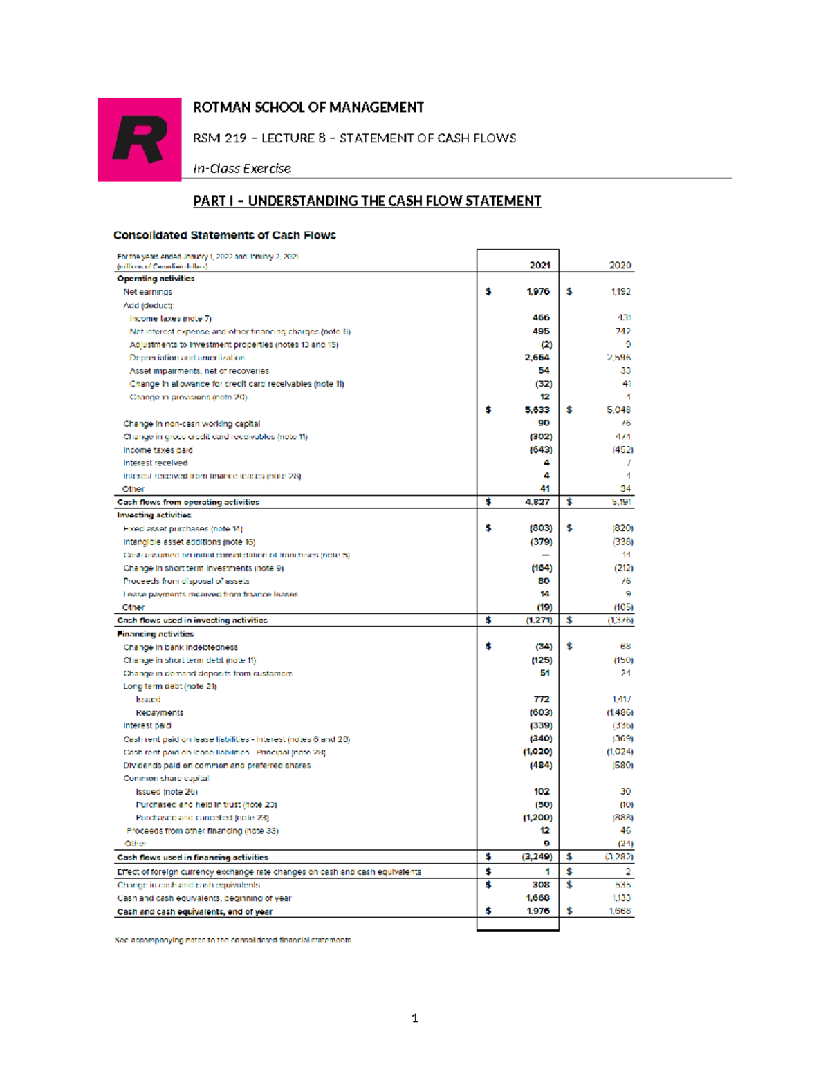 RSM 219 - Class 8 (CH11) - Statement of Cash Flows - Student Handout - ROTMAN SCHOOL OF ...