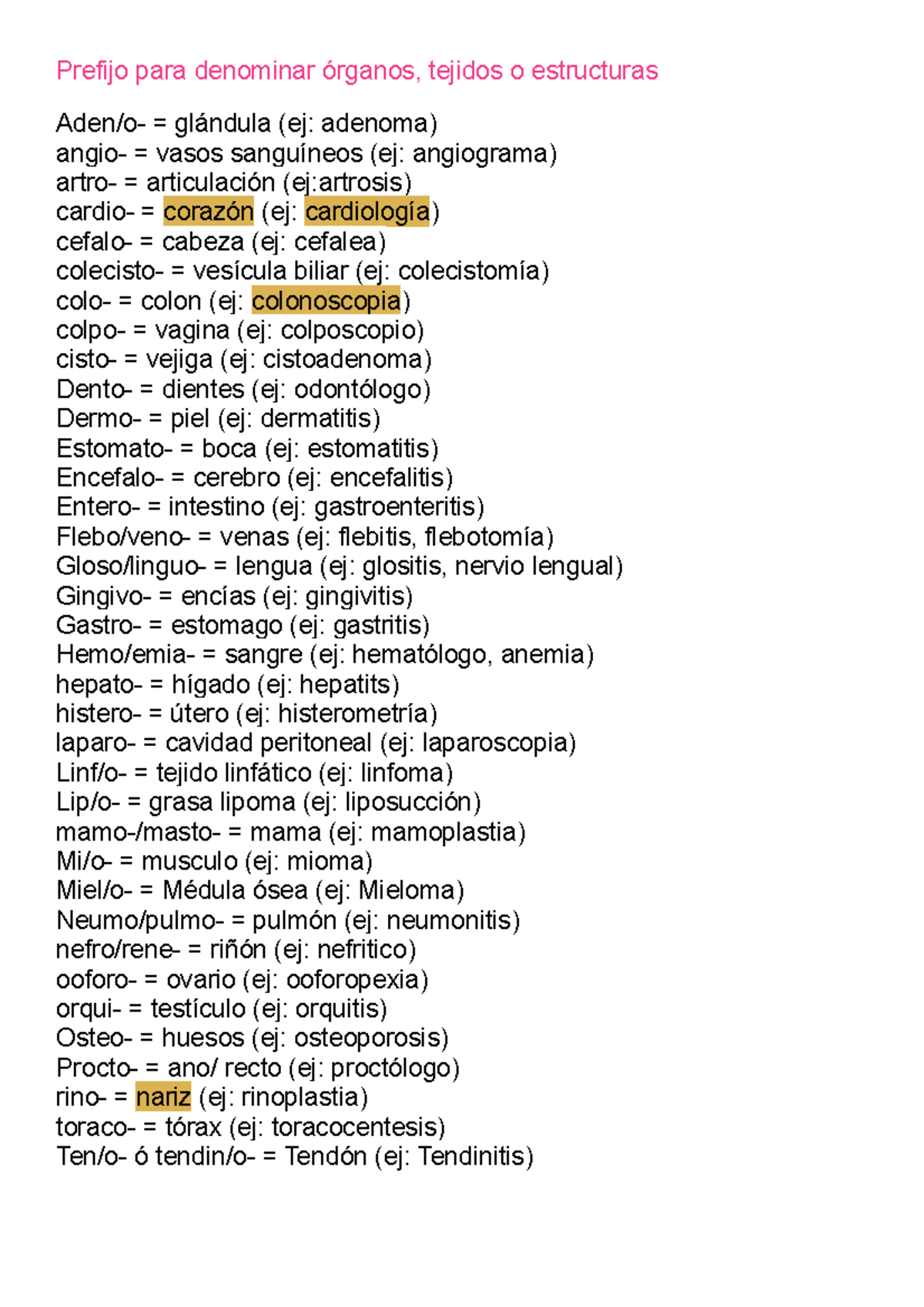 Prefijo para denominar órganos - Studocu