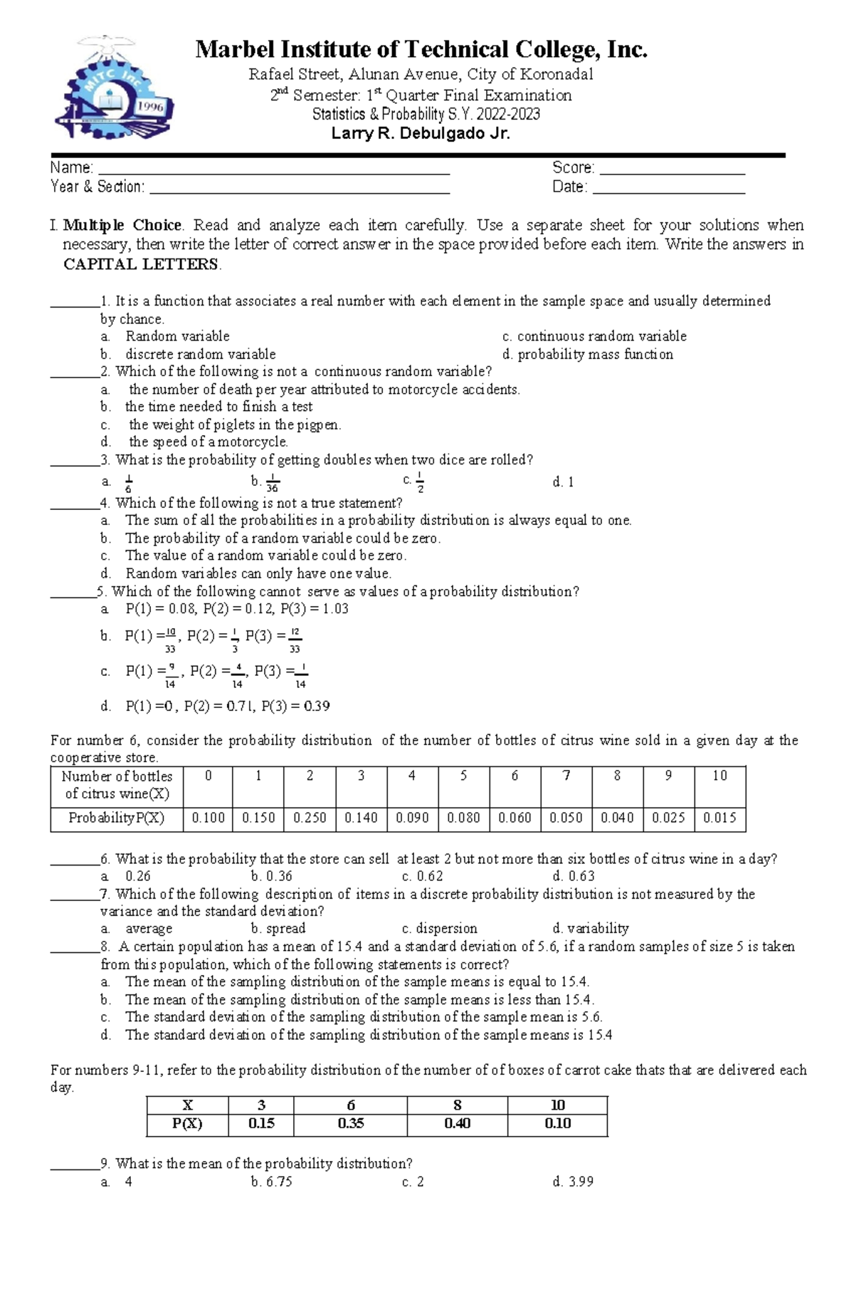 Stat-and-Prob - Marbel Institute of Technical College, Inc. Rafael ...
