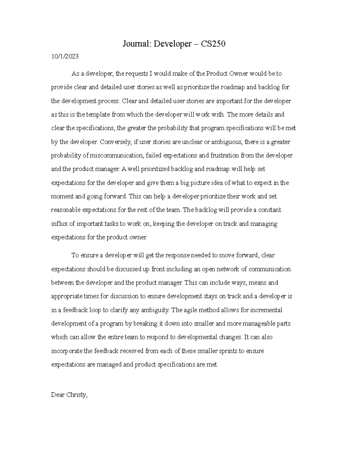 Journal Developer - Clear and detailed user stories are important for ...