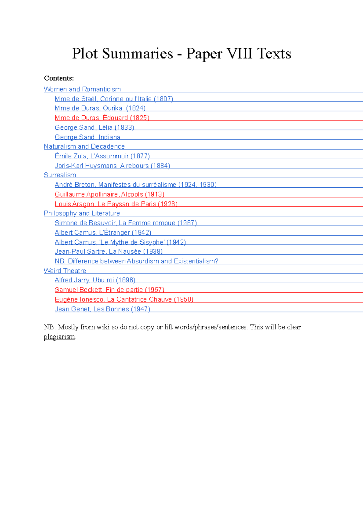 Plot Summaries - Paper VIII Texts - Plot Summaries - Paper VIII Texts Contents: Women and - Studocu