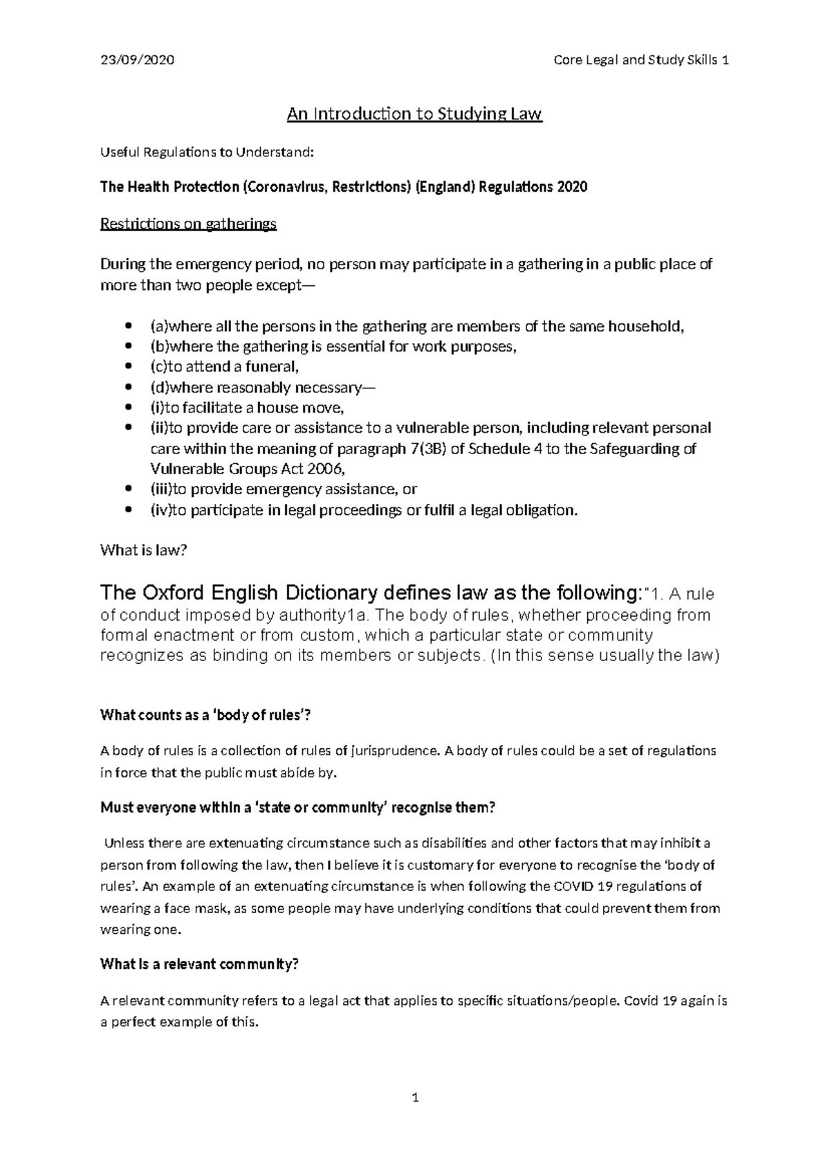 Introduction to Studying Law - 23/09/2020 Core Legal and Study Skills 1 ...