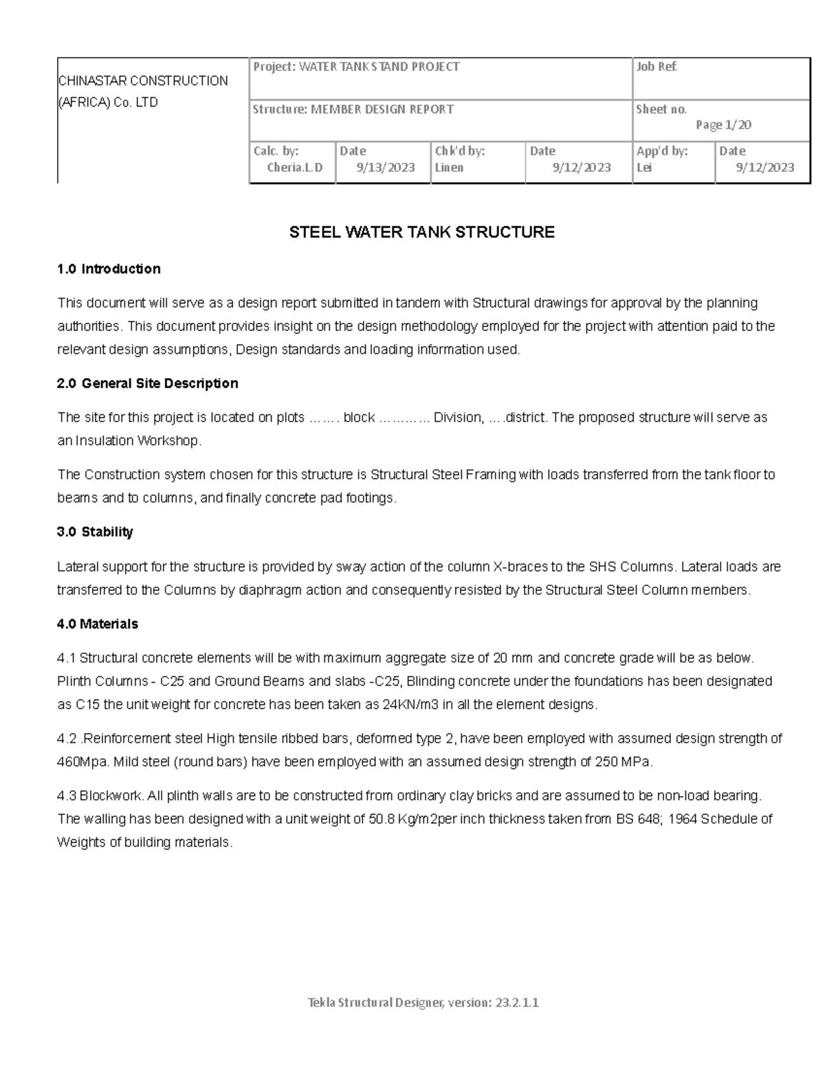 Steel Water TANK Stand Design Report - CHINASTAR CONSTRUCTION (AFRICA ...